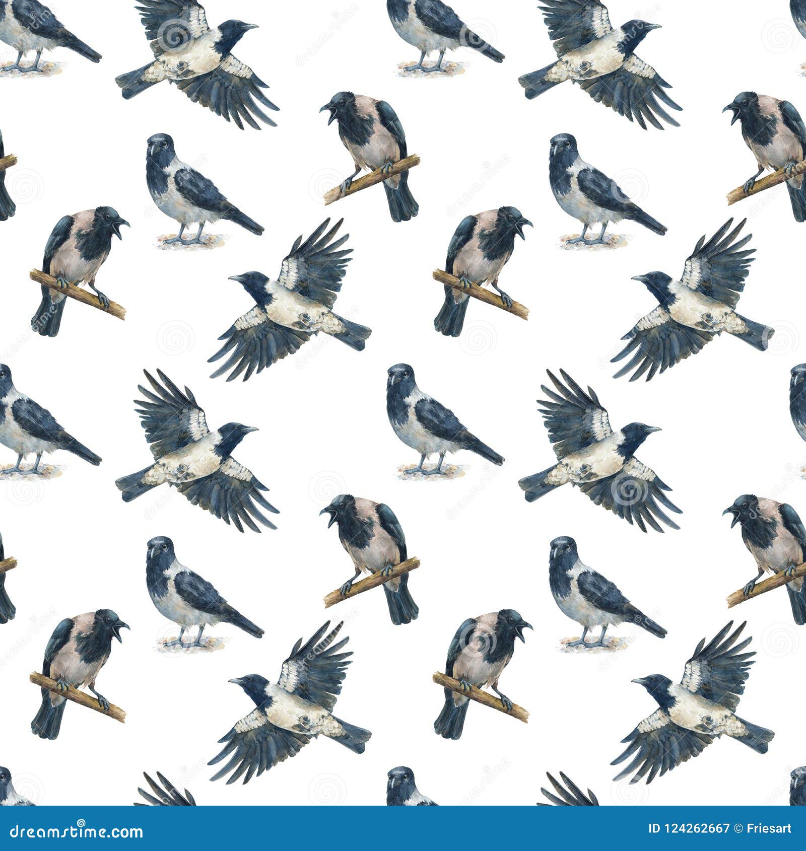 Watercolor Seamless Pattern of Crows on White Background. Stock ...