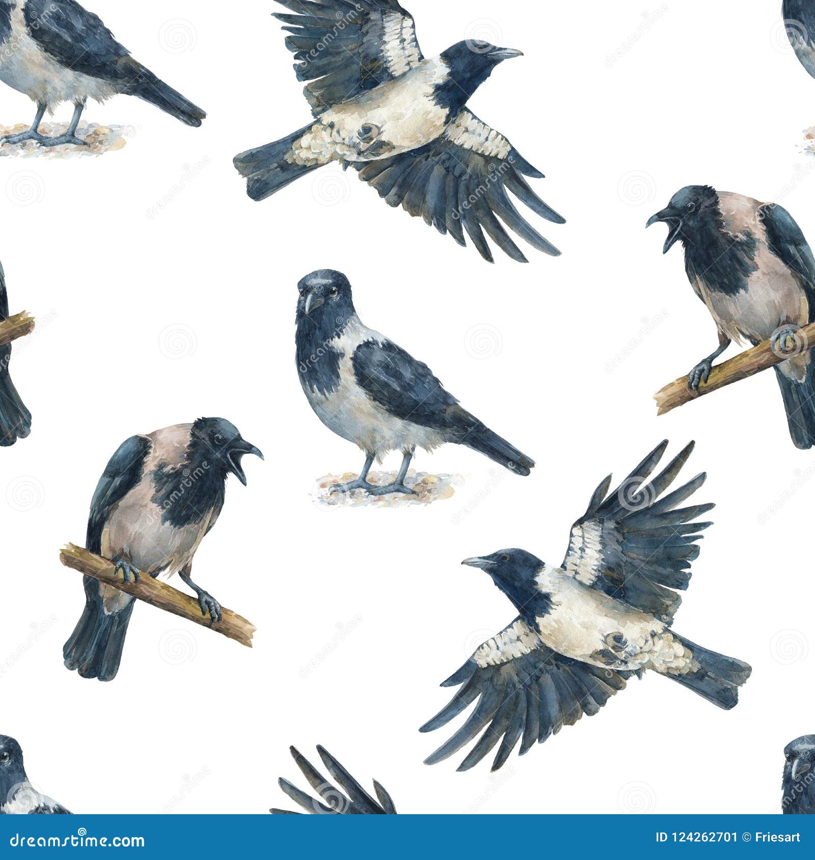 Watercolor Seamless Pattern of Crows on White Background. Stock ...