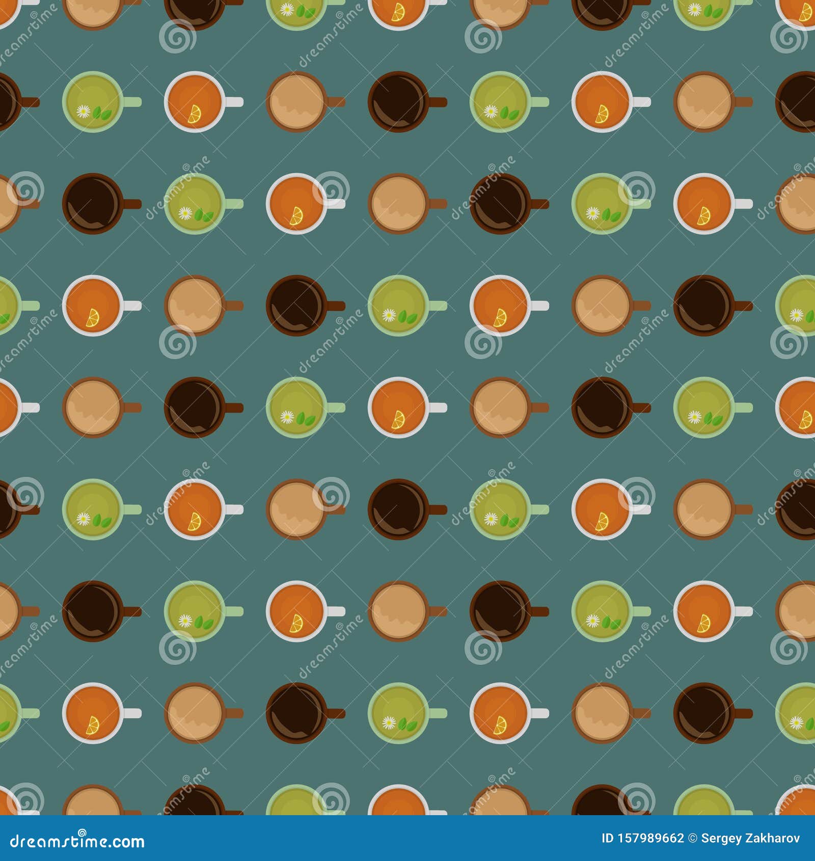 Seamless Pattern. Cups with Green, Black Tea, Cocoa and Black Coffee on ...