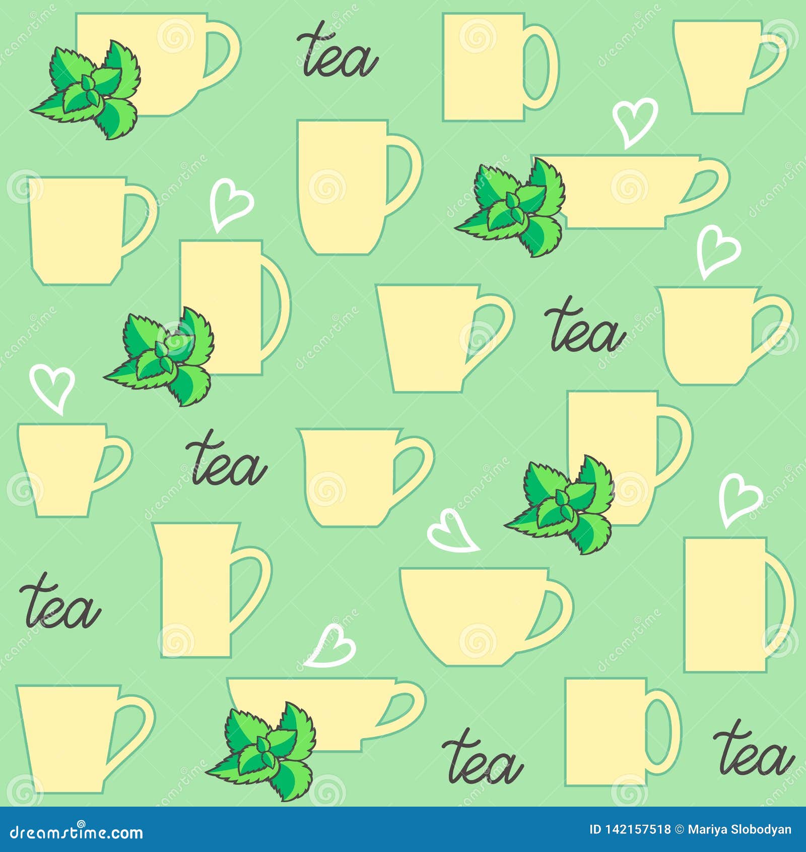 Seamless Pattern. Cups Of Tea With Hearts And Mint. Print For Kitchen ...