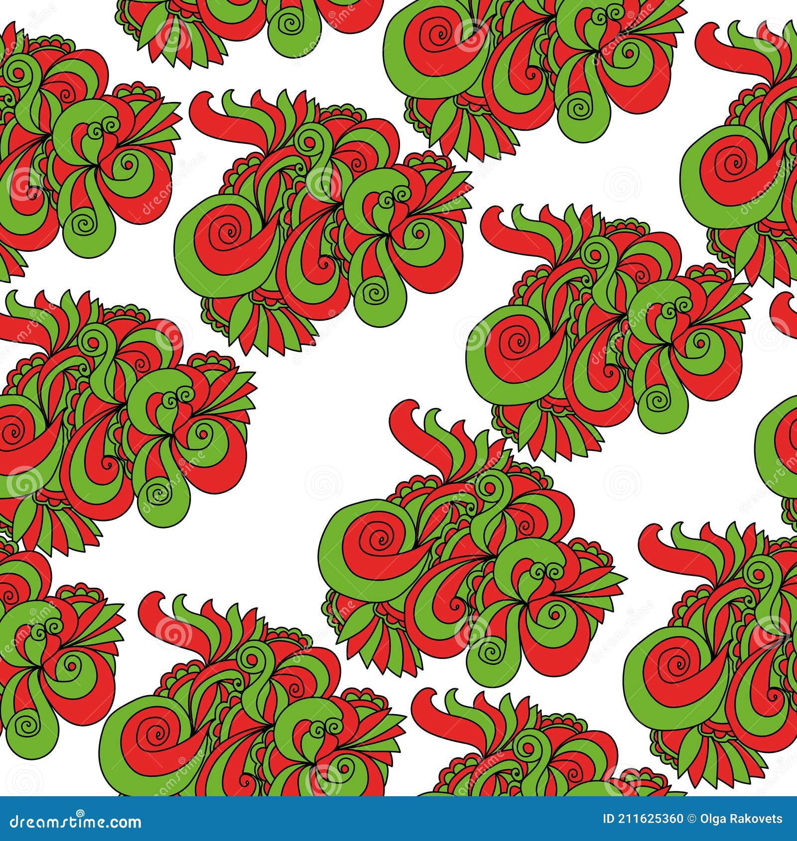 Seamless Pattern of Curled Doodle Elements with Spirals and Petals ...