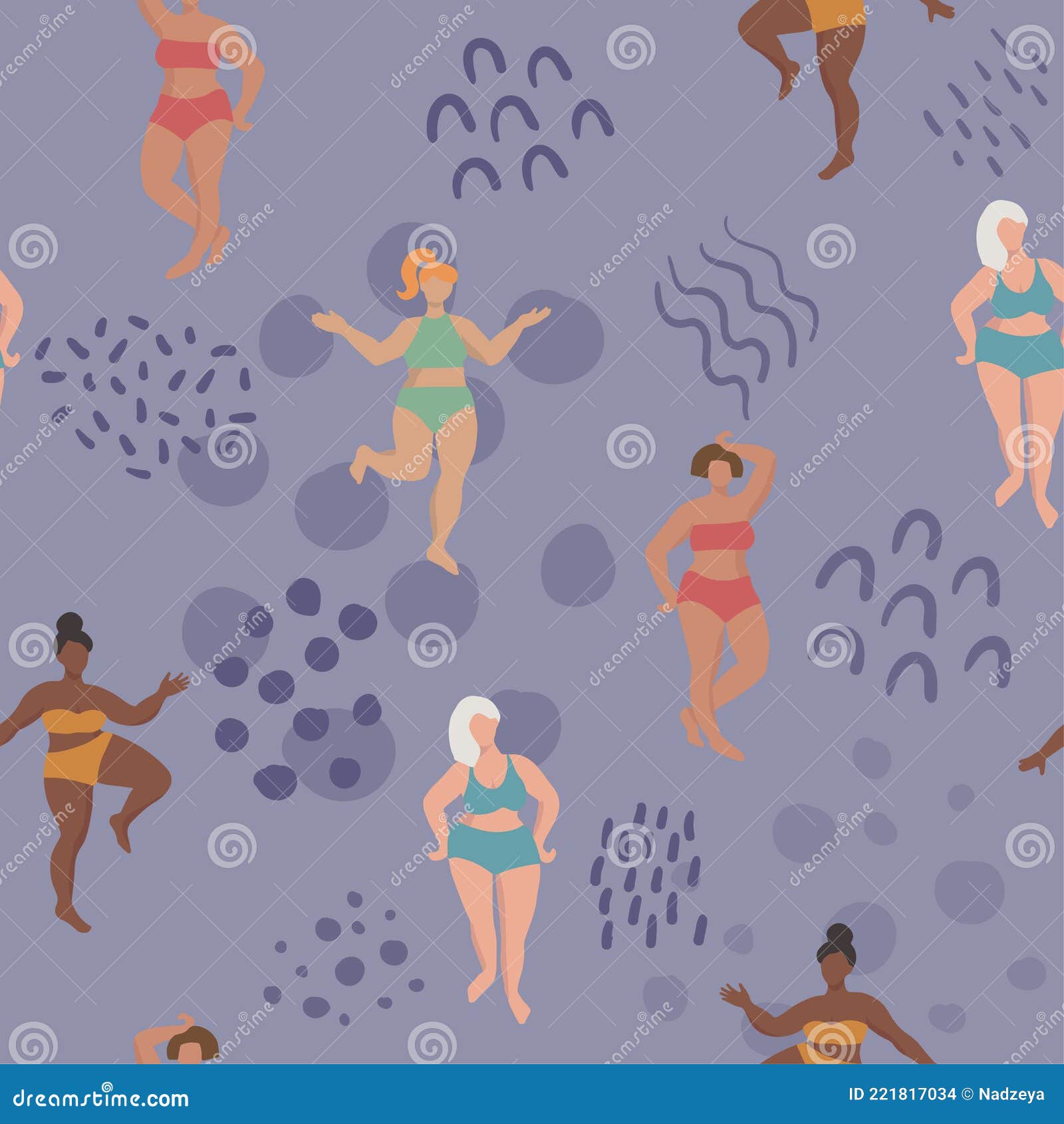 Seamless Pattern with Curvy Women and Abstract Doodles Stock Vector ...
