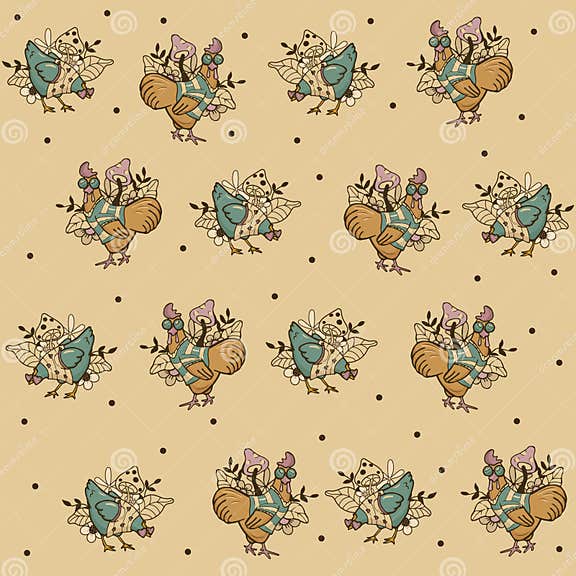 Seamless Pattern of Cute Abstract Chickens and Roosters on Light ...