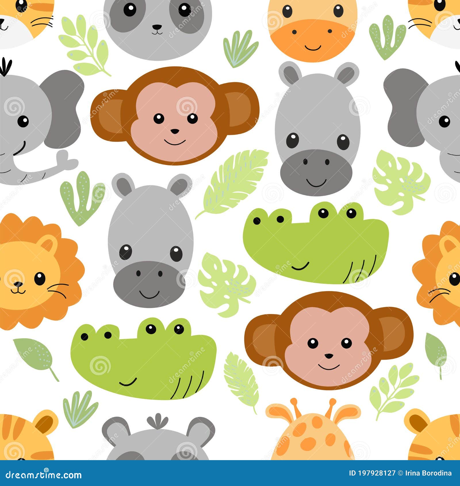 Seamless Pattern with Cute Animal Faces Stock Vector - Illustration of ...