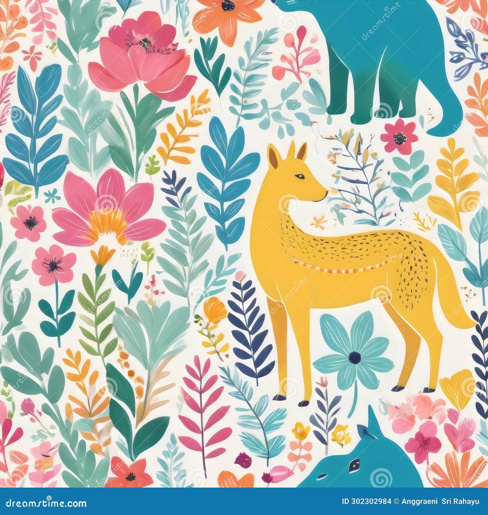Seamless Pattern with Cute Animals and Flowers. Digital Painting ...