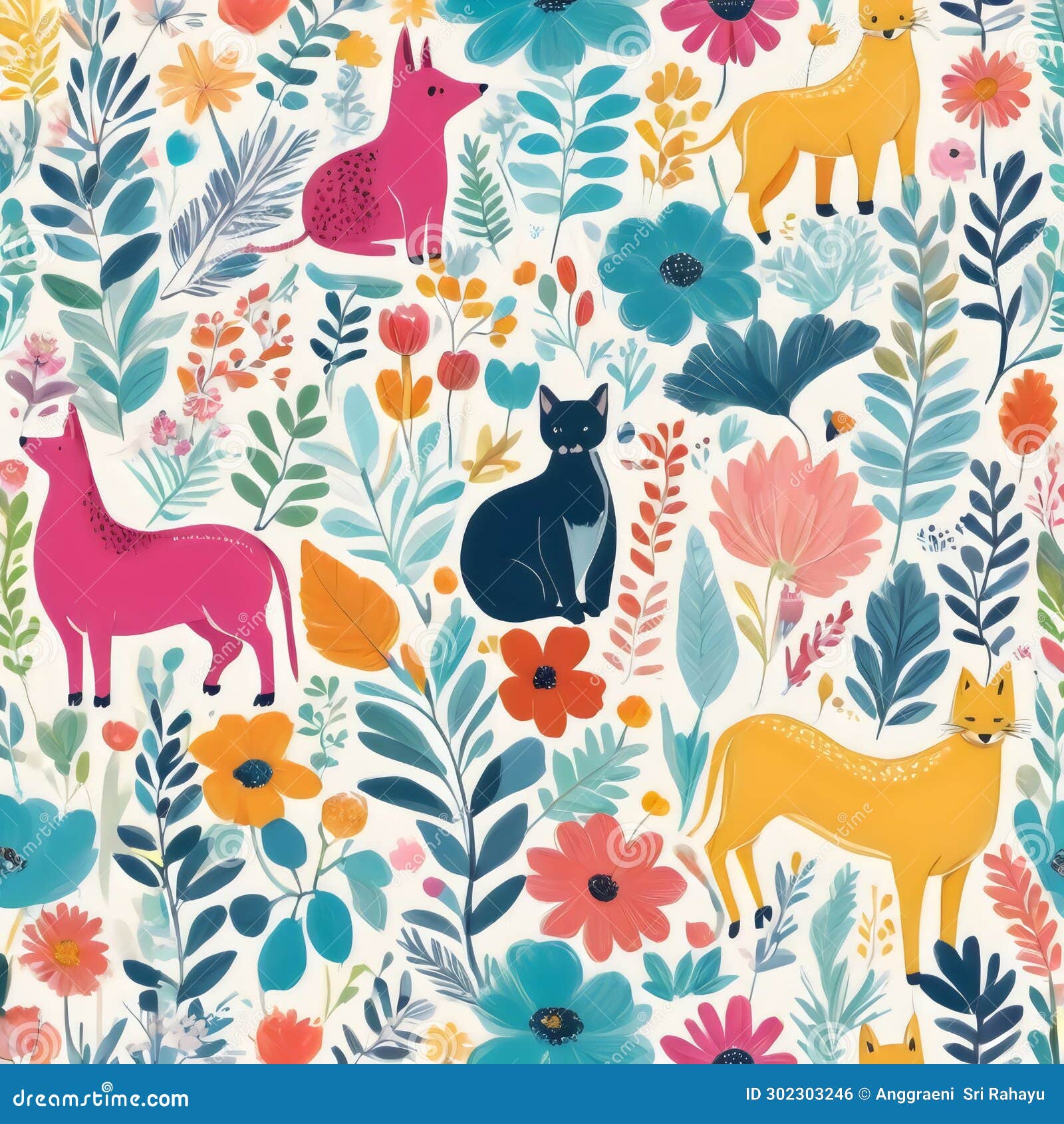 Seamless Pattern with Cute Animals and Flowers. Digital Painting ...