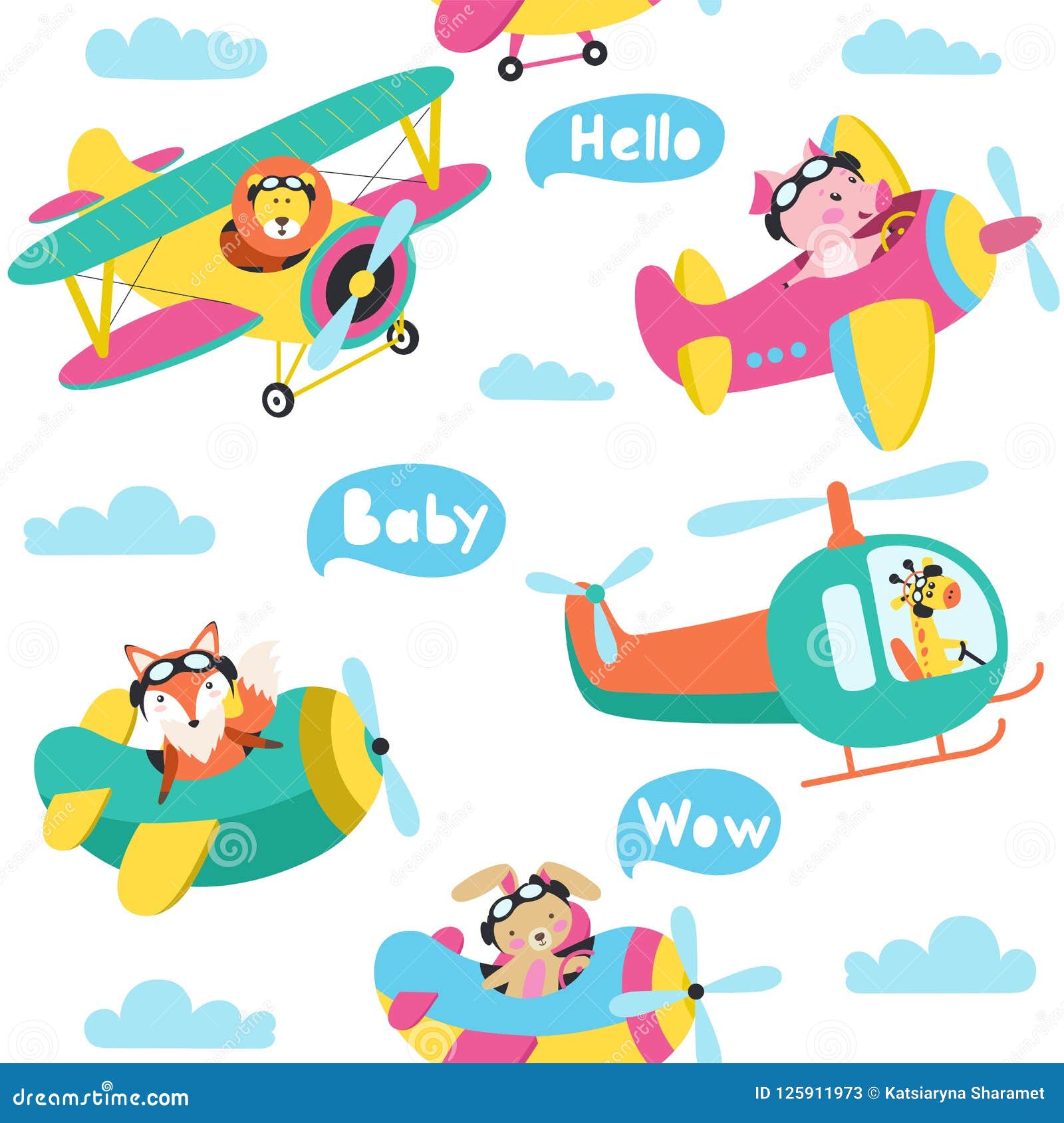 Seamless Pattern with Cute Animals Flying on a Airplanes Hand Drawn ...