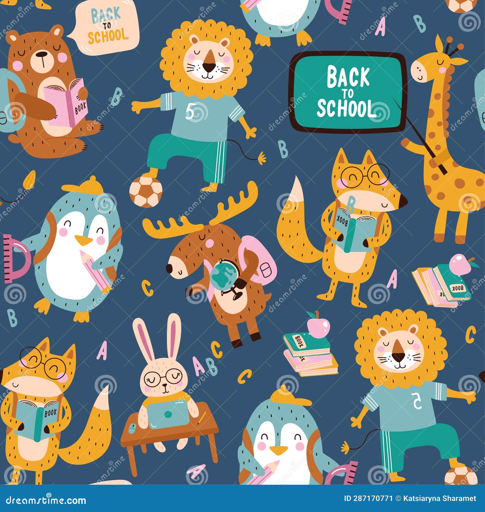 Seamless Pattern Cute Animals Go To School. Vector Illustrations Stock ...