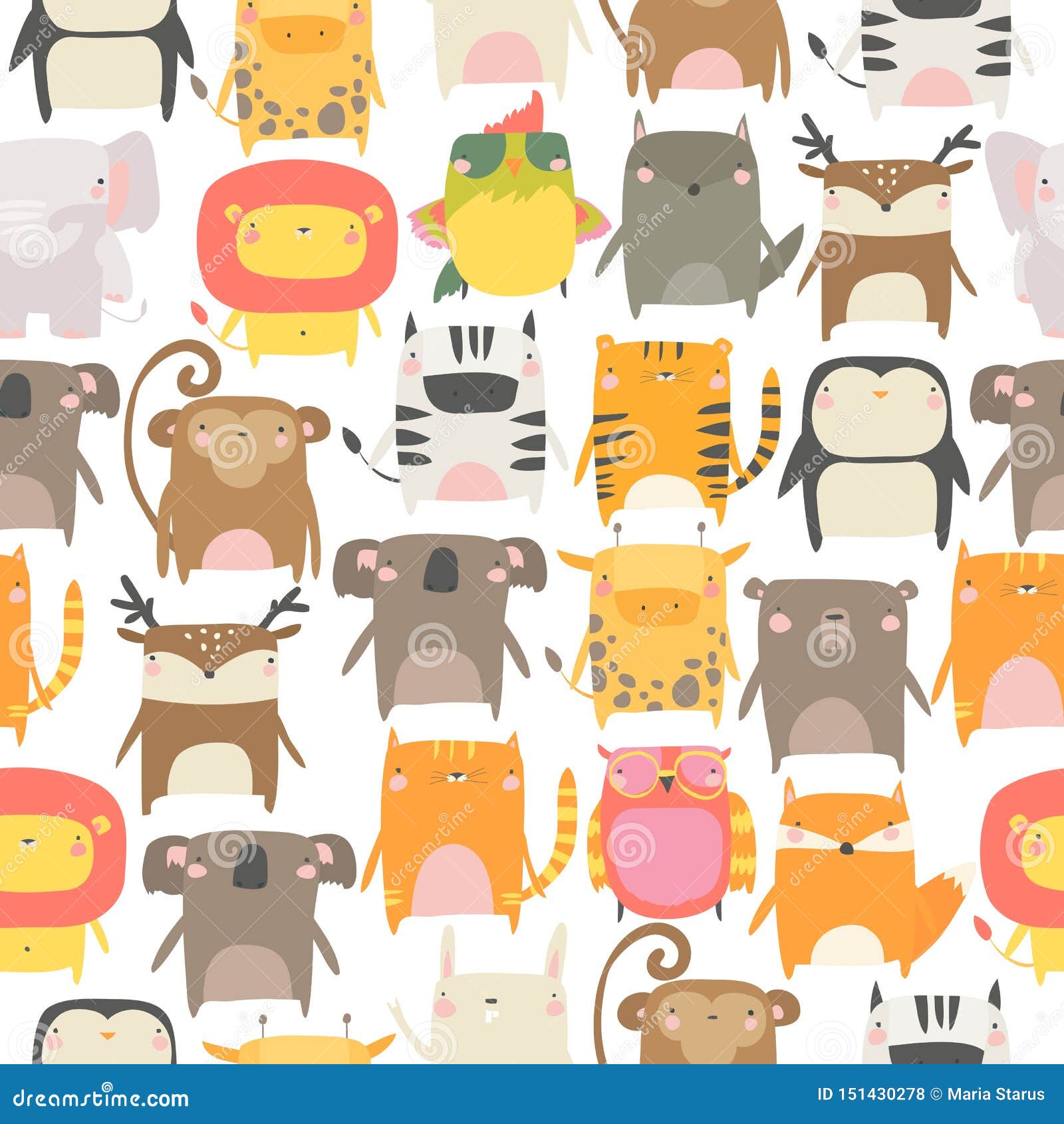 Seamless Pattern with Cute Animals on White Background Stock Vector ...