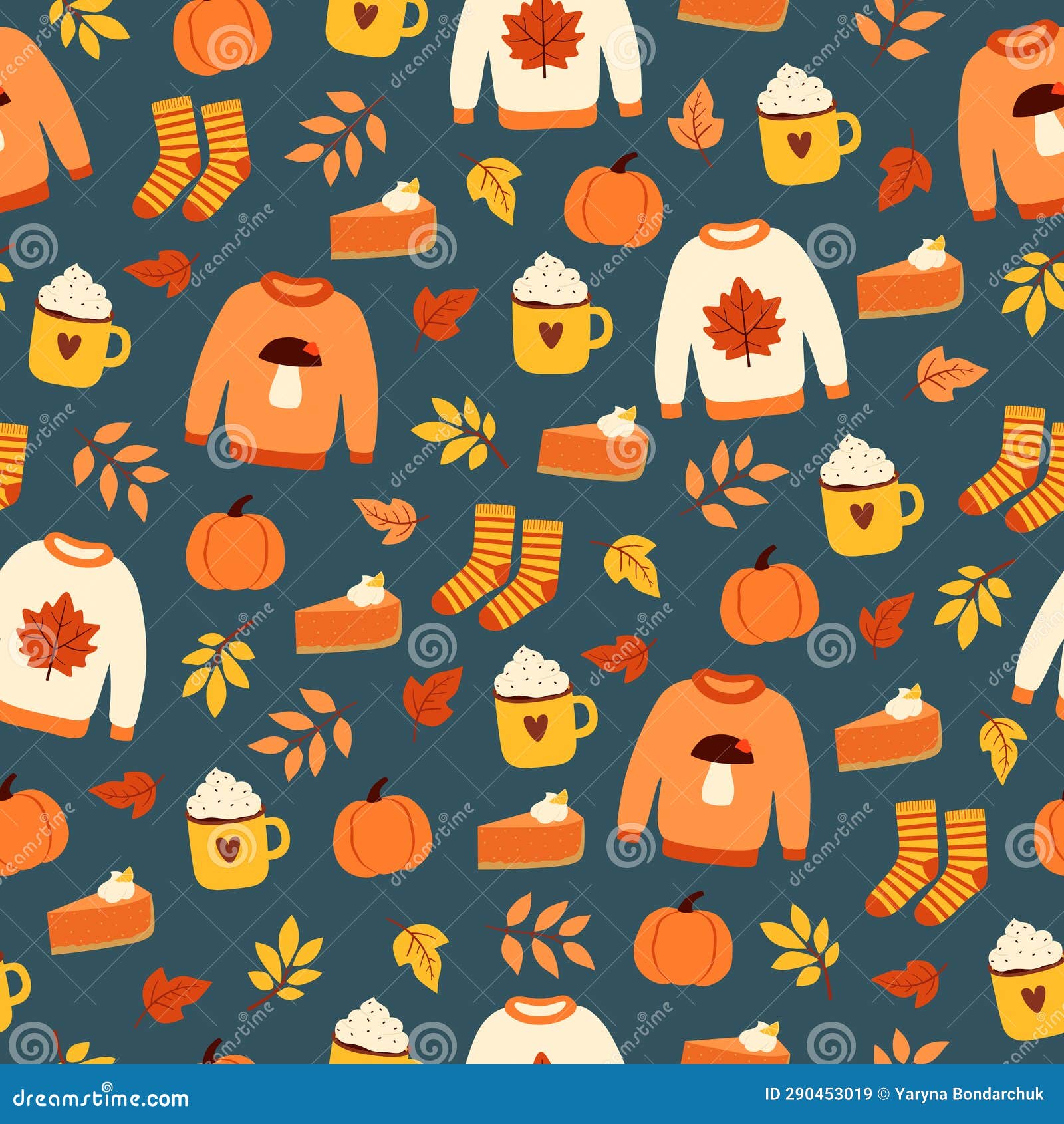 Seamless Pattern with Cute Autumn Elements. Colorful Objects on Blue Background Stock Vector ...