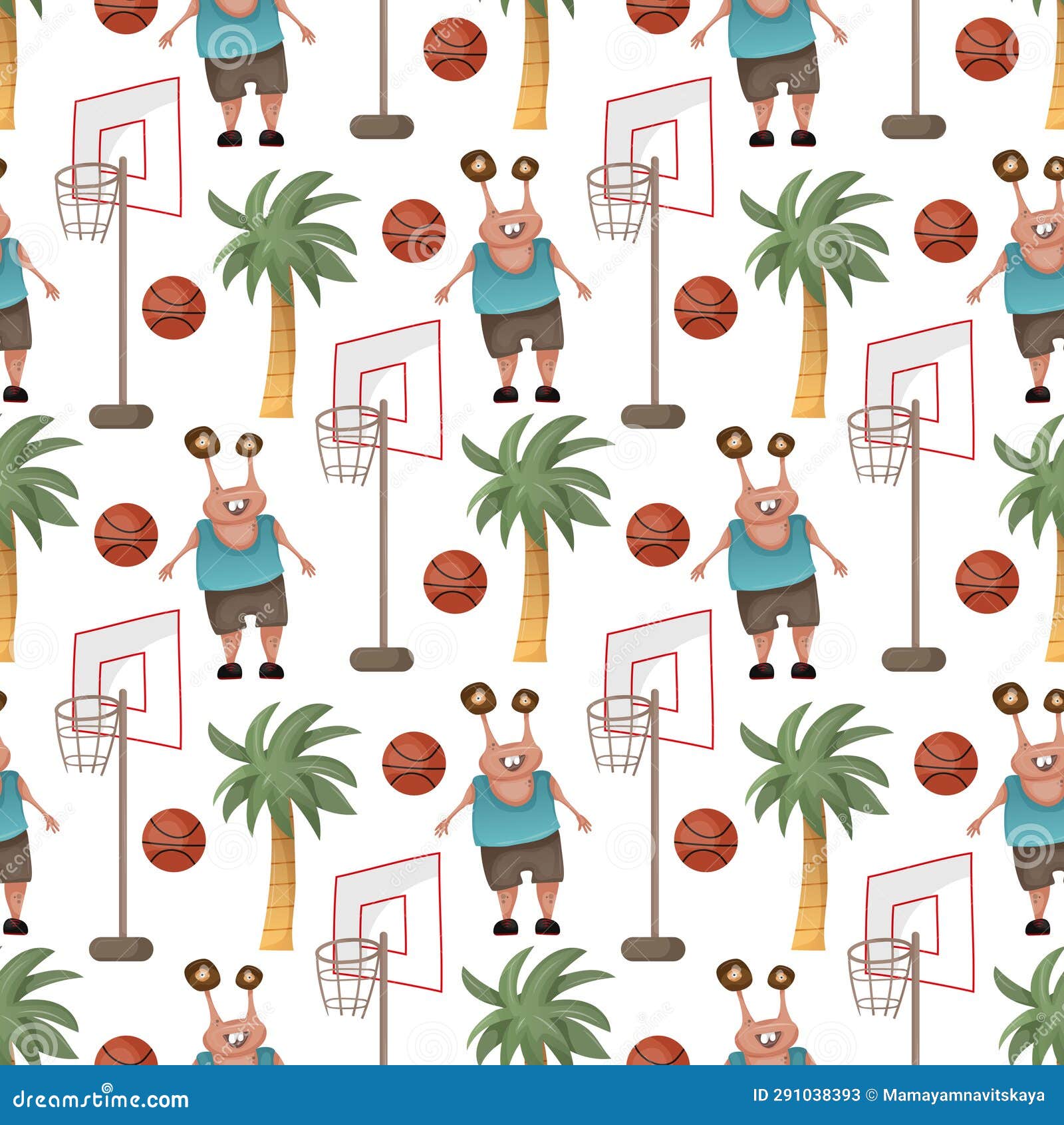 Seamless Pattern with Cute Basketball Player Monster, Boy Repeat Paper ...