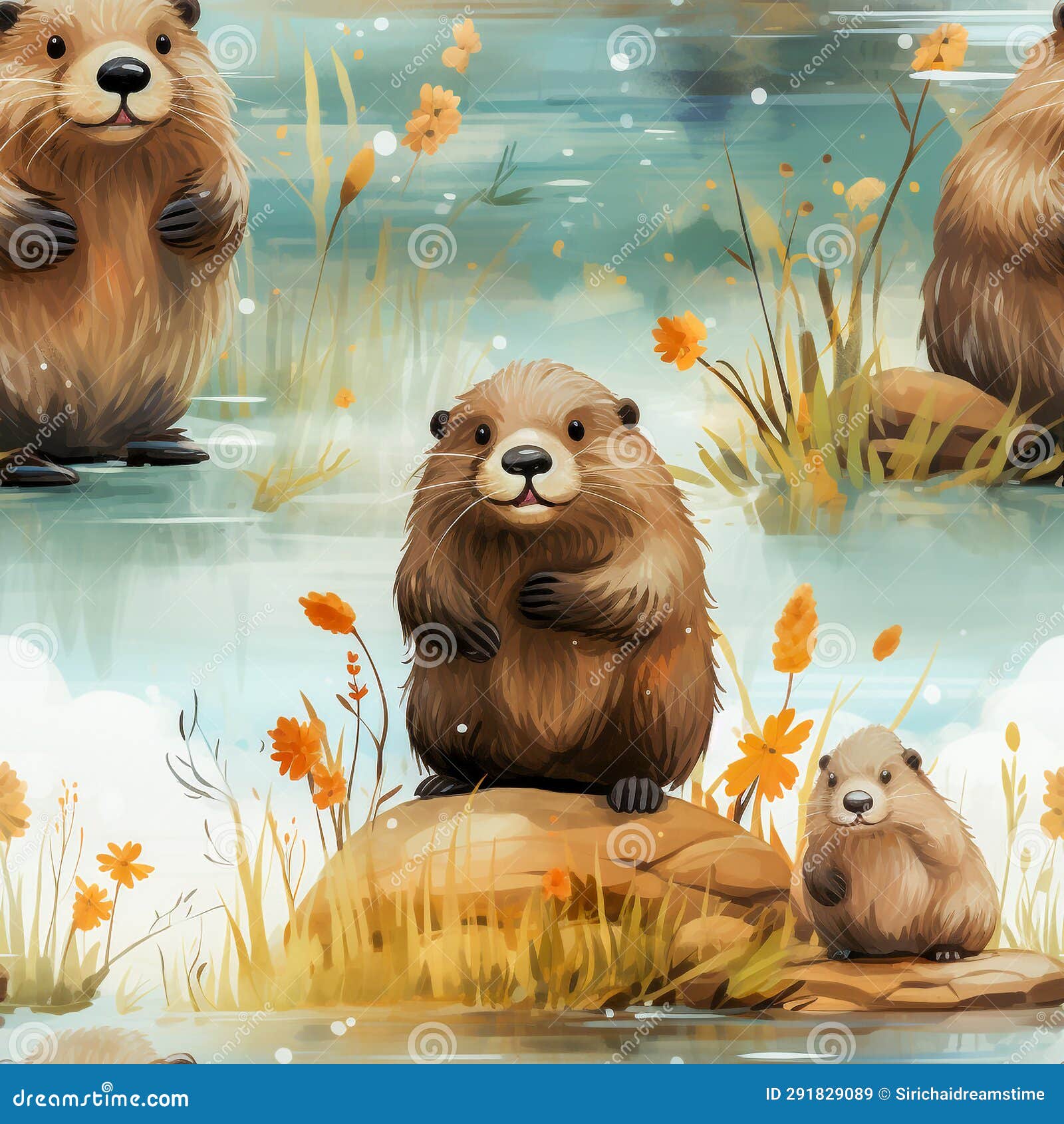 Seamless Pattern Beaver, Watercolor Design , AI Generated Stock ...