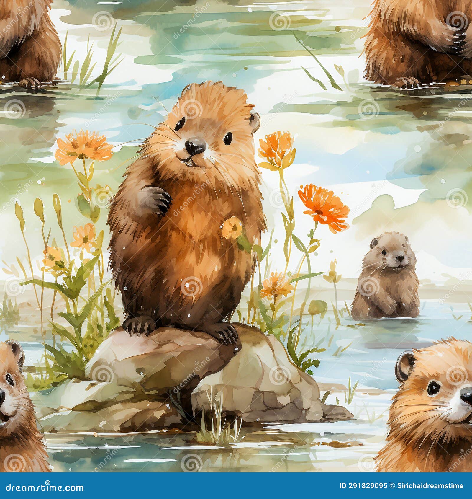 Seamless Pattern Beaver, Watercolor Design , AI Generated Stock ...