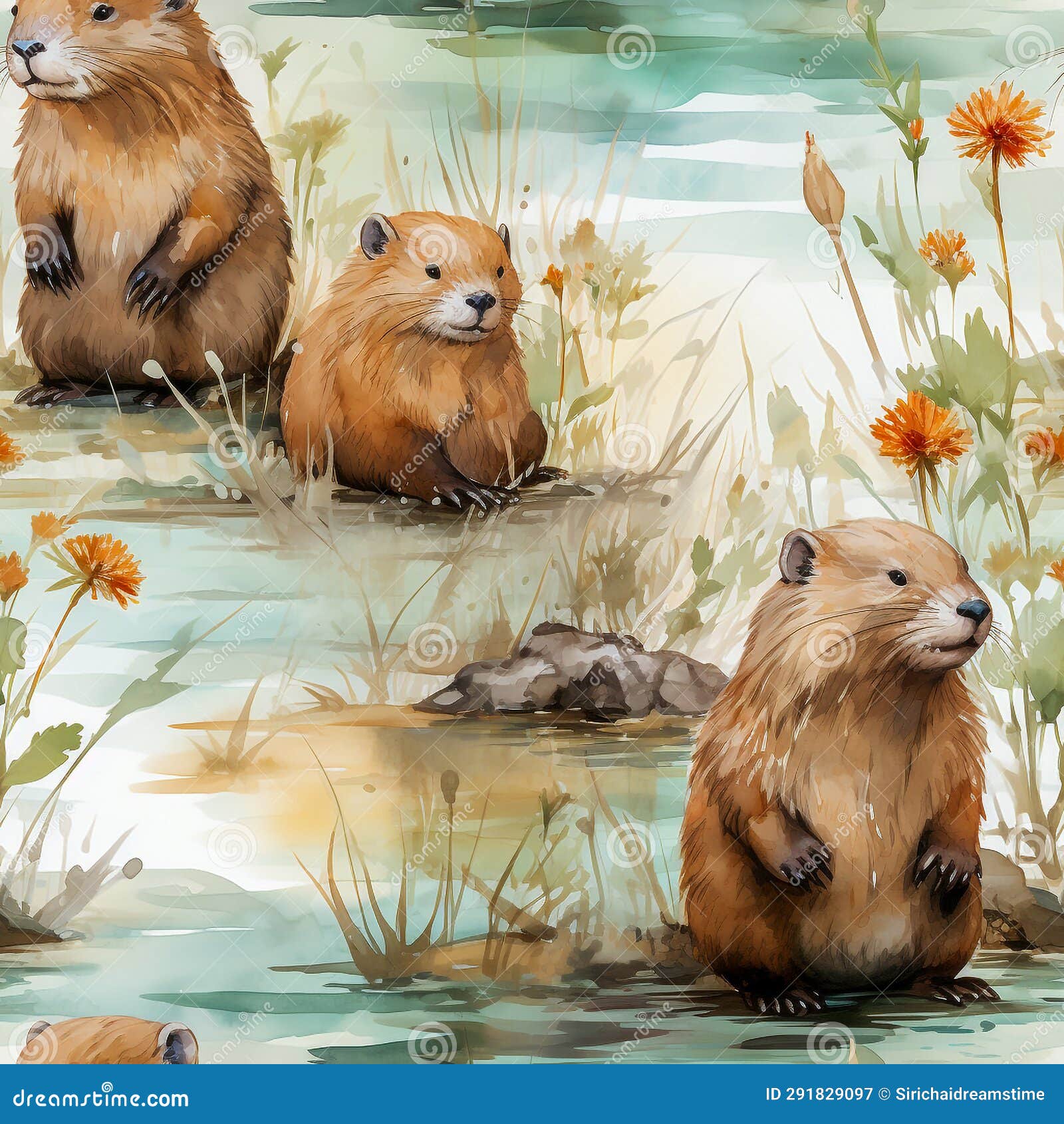 Seamless Pattern Beaver, Watercolor Design , AI Generated Stock ...