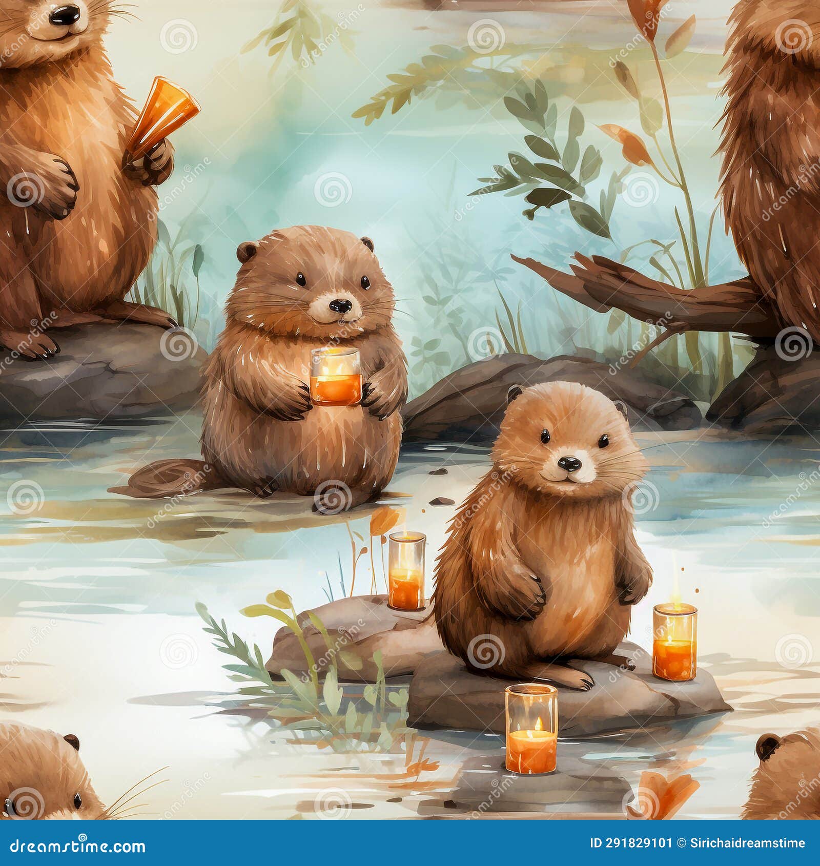 Seamless Pattern Beaver, Watercolor Design , AI Generated Stock ...