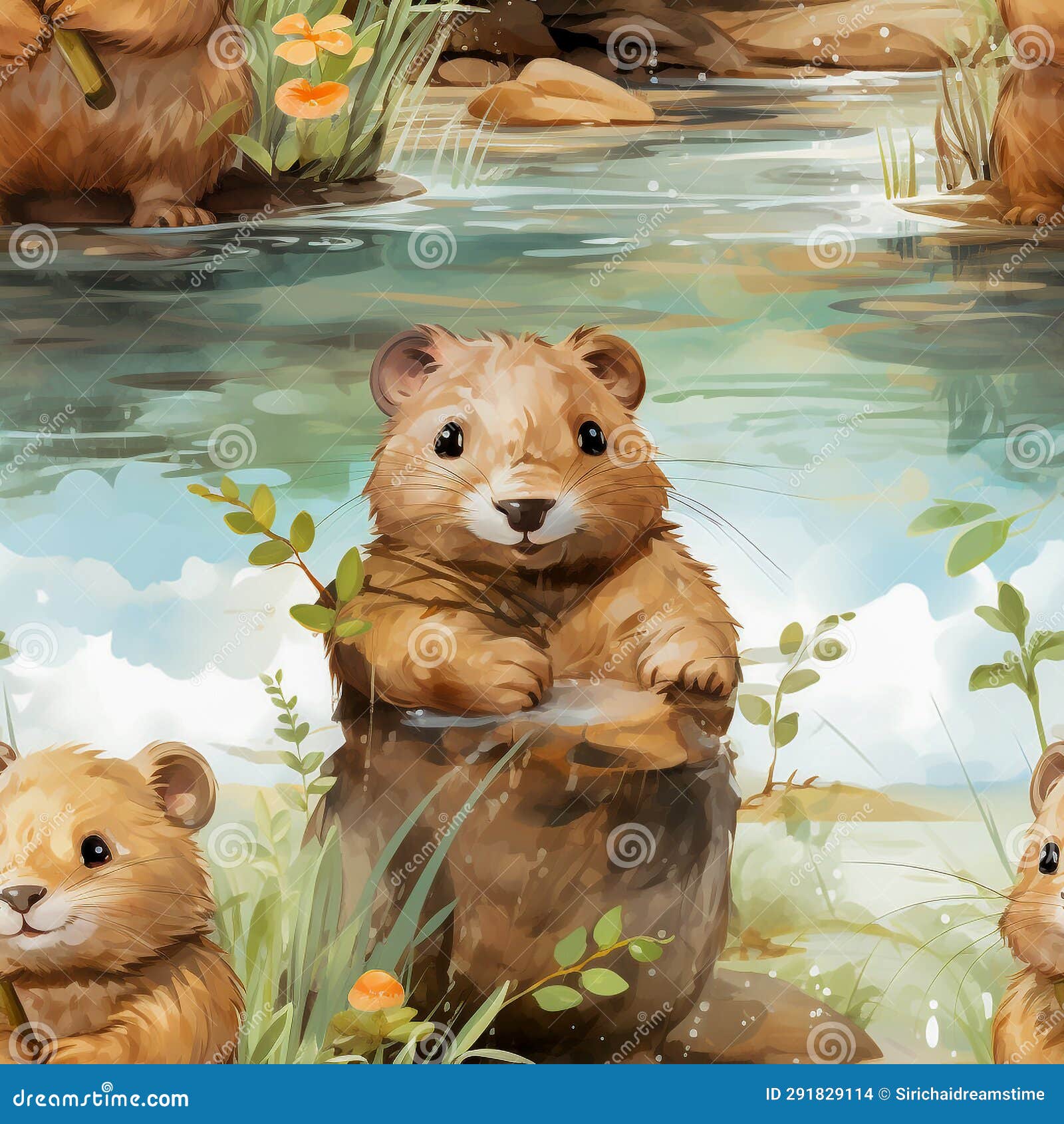 Seamless Pattern Beaver, Watercolor Design , AI Generated Stock ...