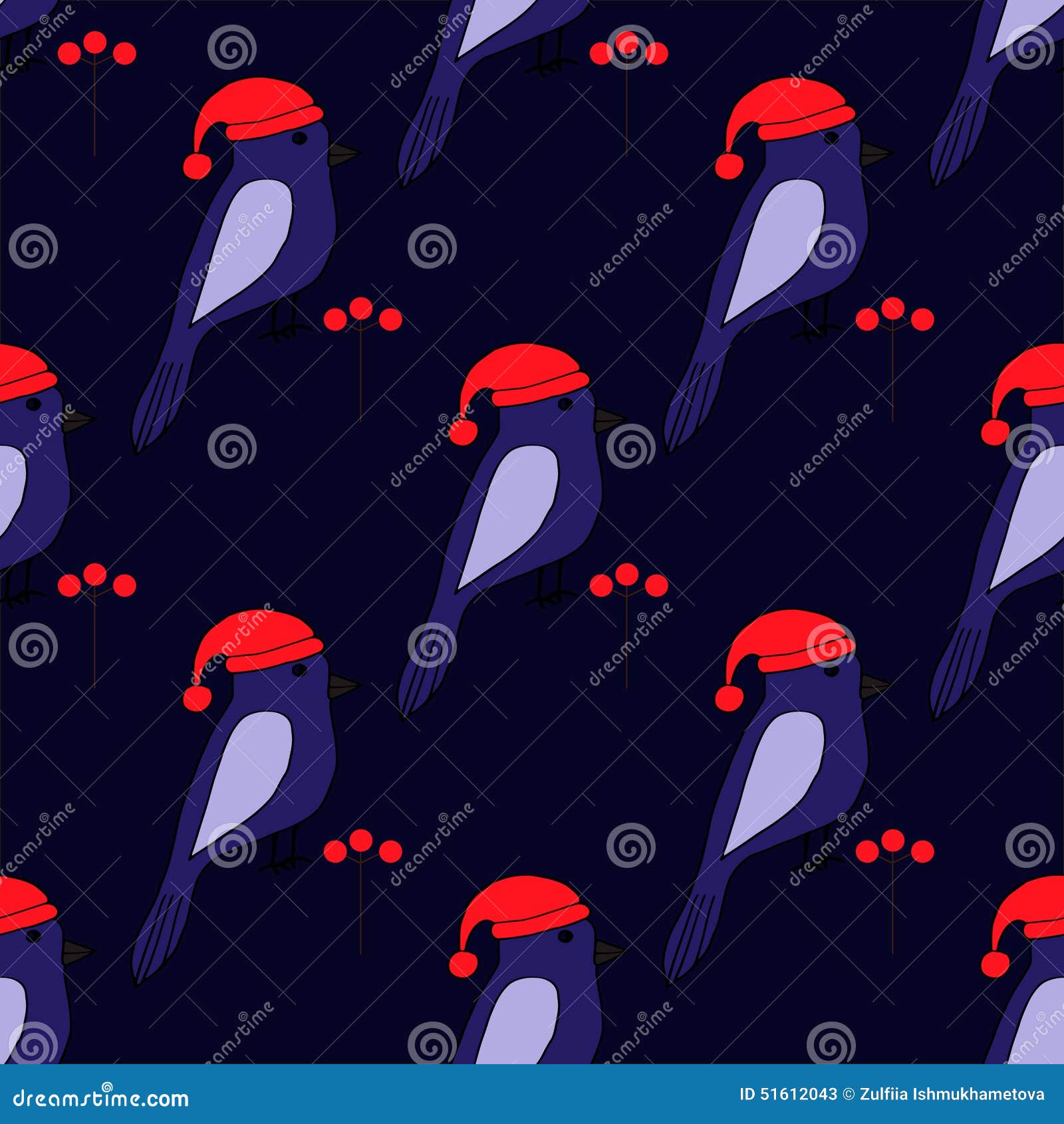 Seamless Pattern with Cute Blue Birds in a Caps and Berries Stock ...