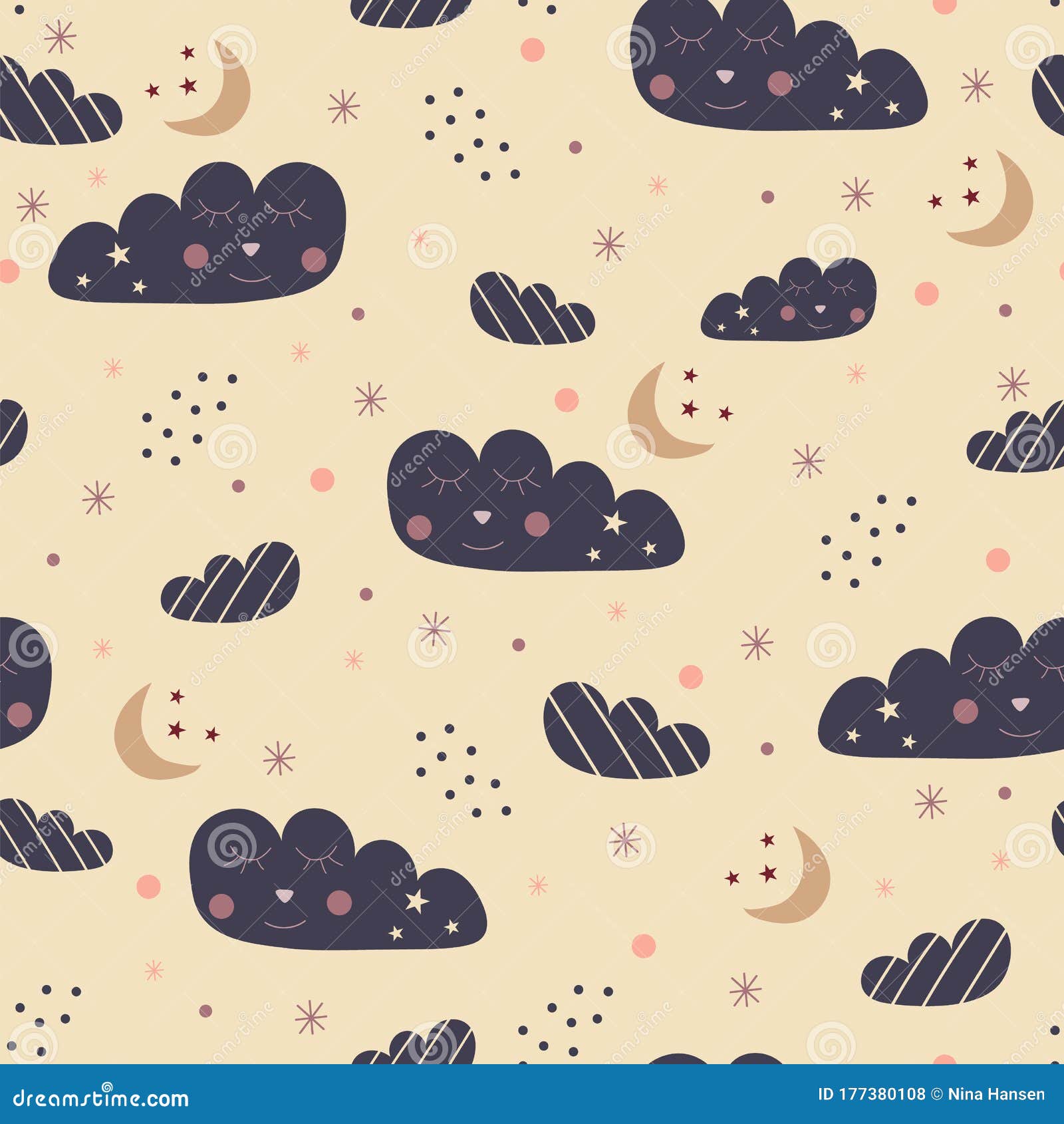 Seamless Pattern of Cute Blue Sleepy Clouds, Moons and Stars on a Cream ...