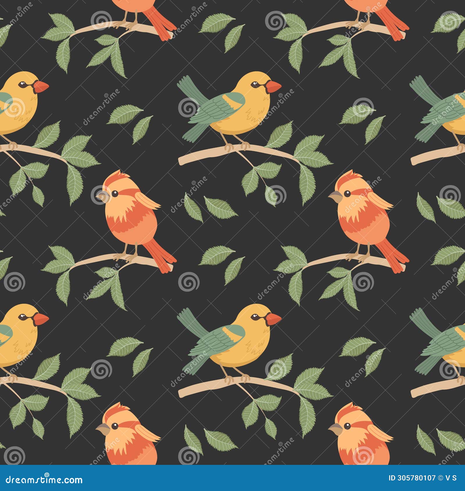 Seamless Pattern, Cute Bright Birds on Tree Branches on a Dark ...