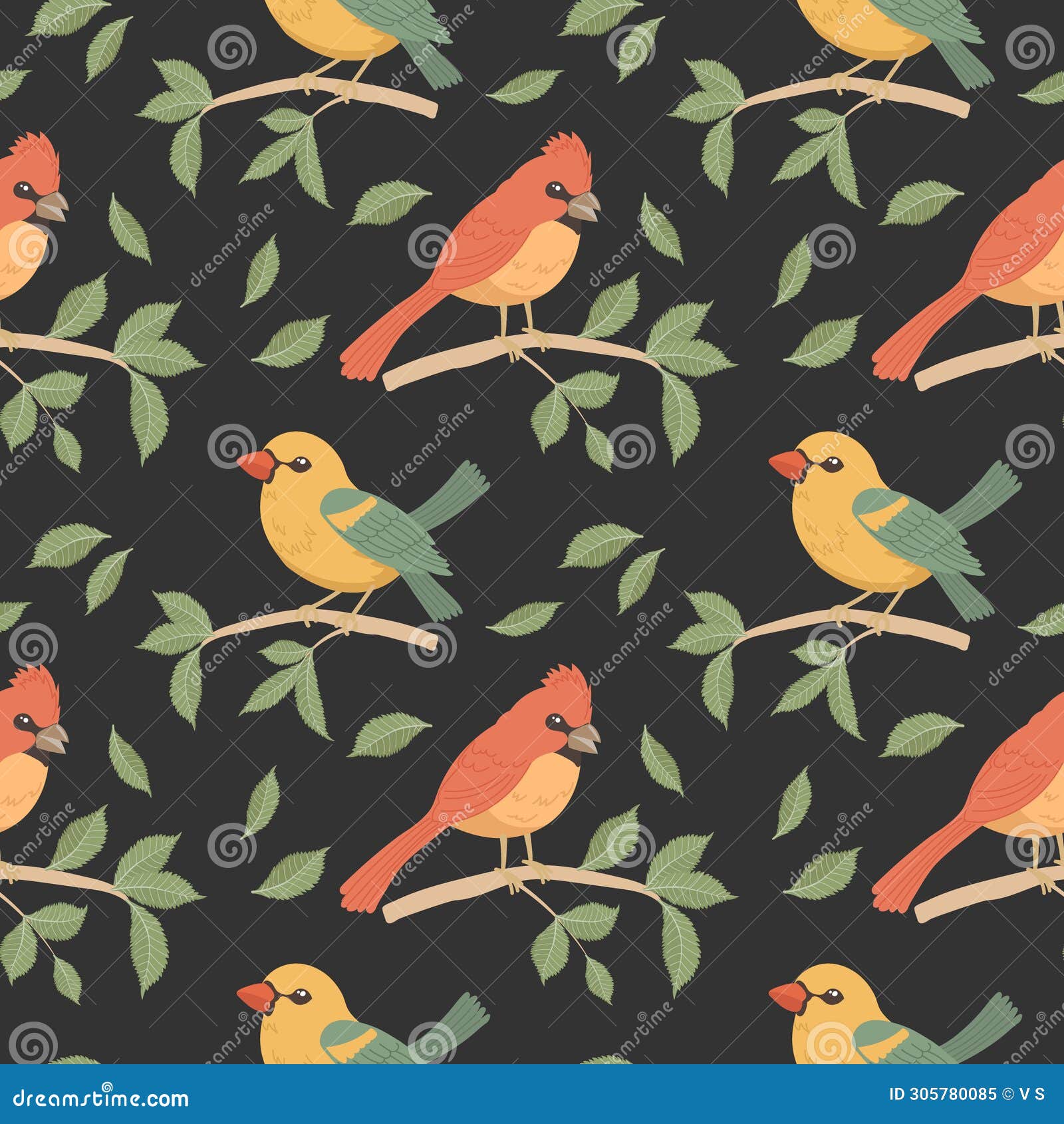 Seamless Pattern, Cute Bright Birds on Tree Branches on a Dark ...