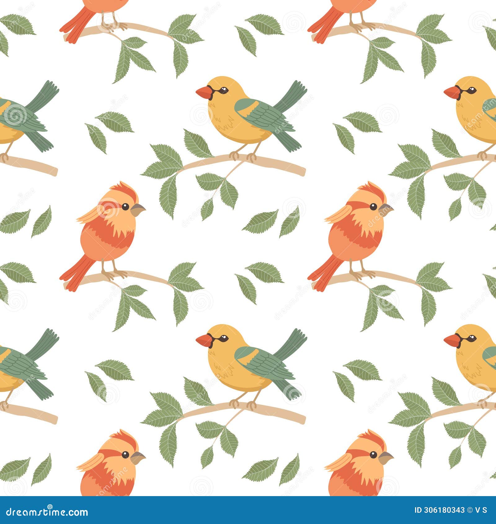 Seamless Pattern, Cute Bright Birds on Tree Branches on a White ...