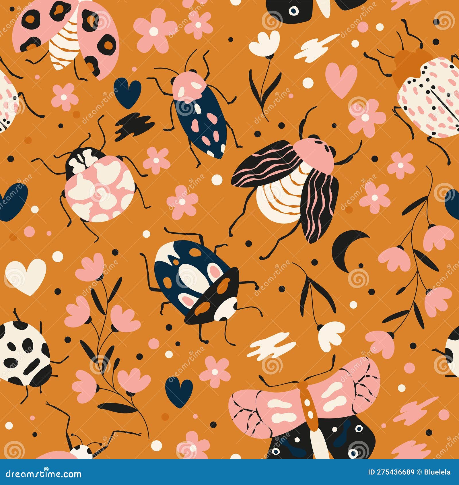 Seamless Pattern with Cute Bugs, Beetles, Moth and Insects, with Floral ...
