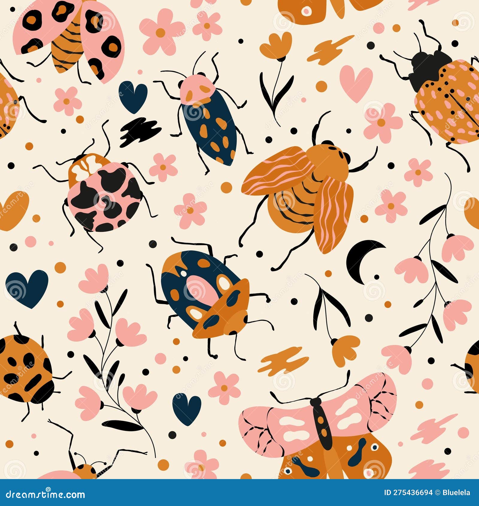Seamless Pattern with Cute Bugs, Beetles, Moth and Insects, with Floral ...