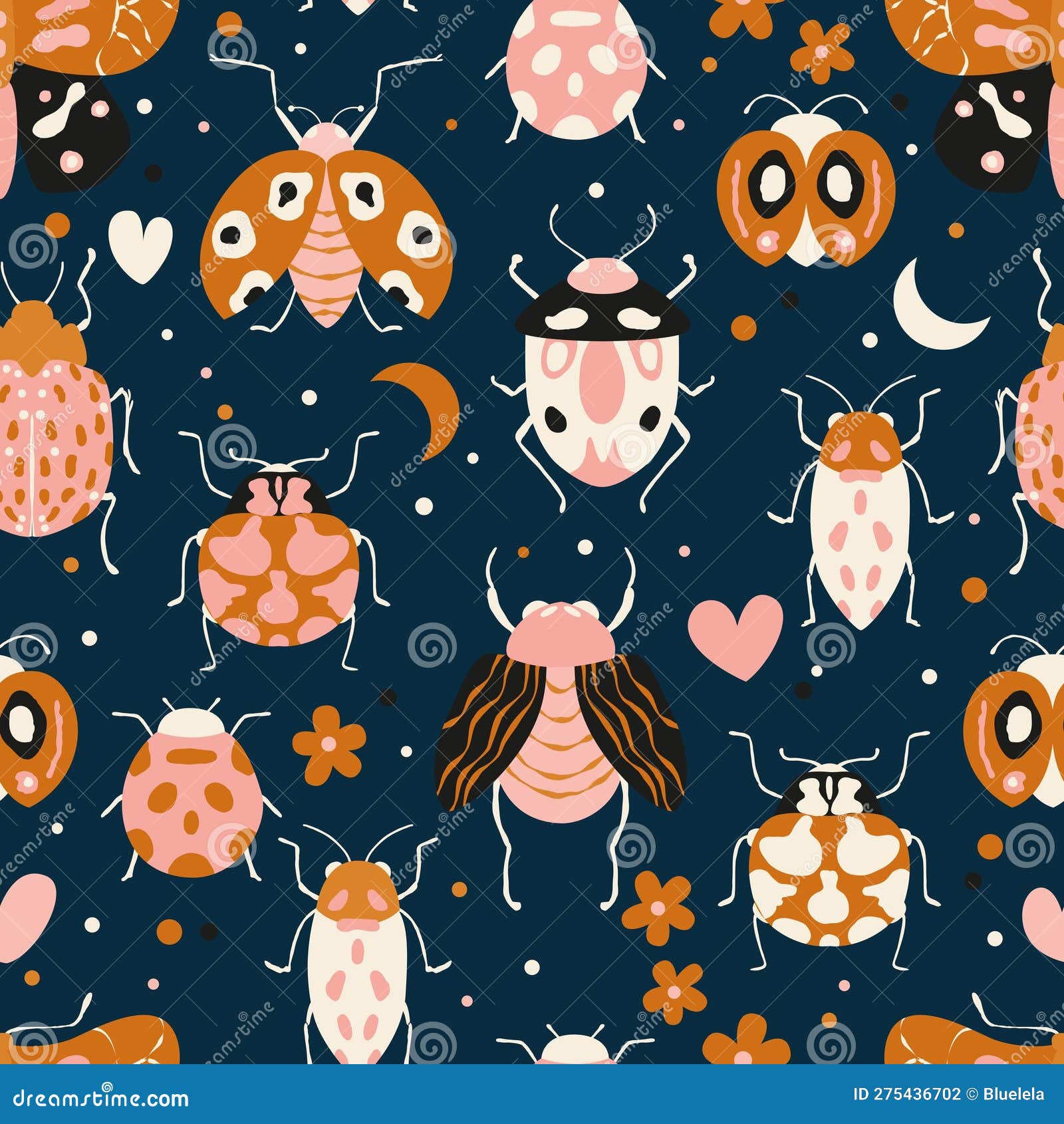 Seamless Pattern With Cute Bugs, Beetles, Moth And Insects, With Floral ...