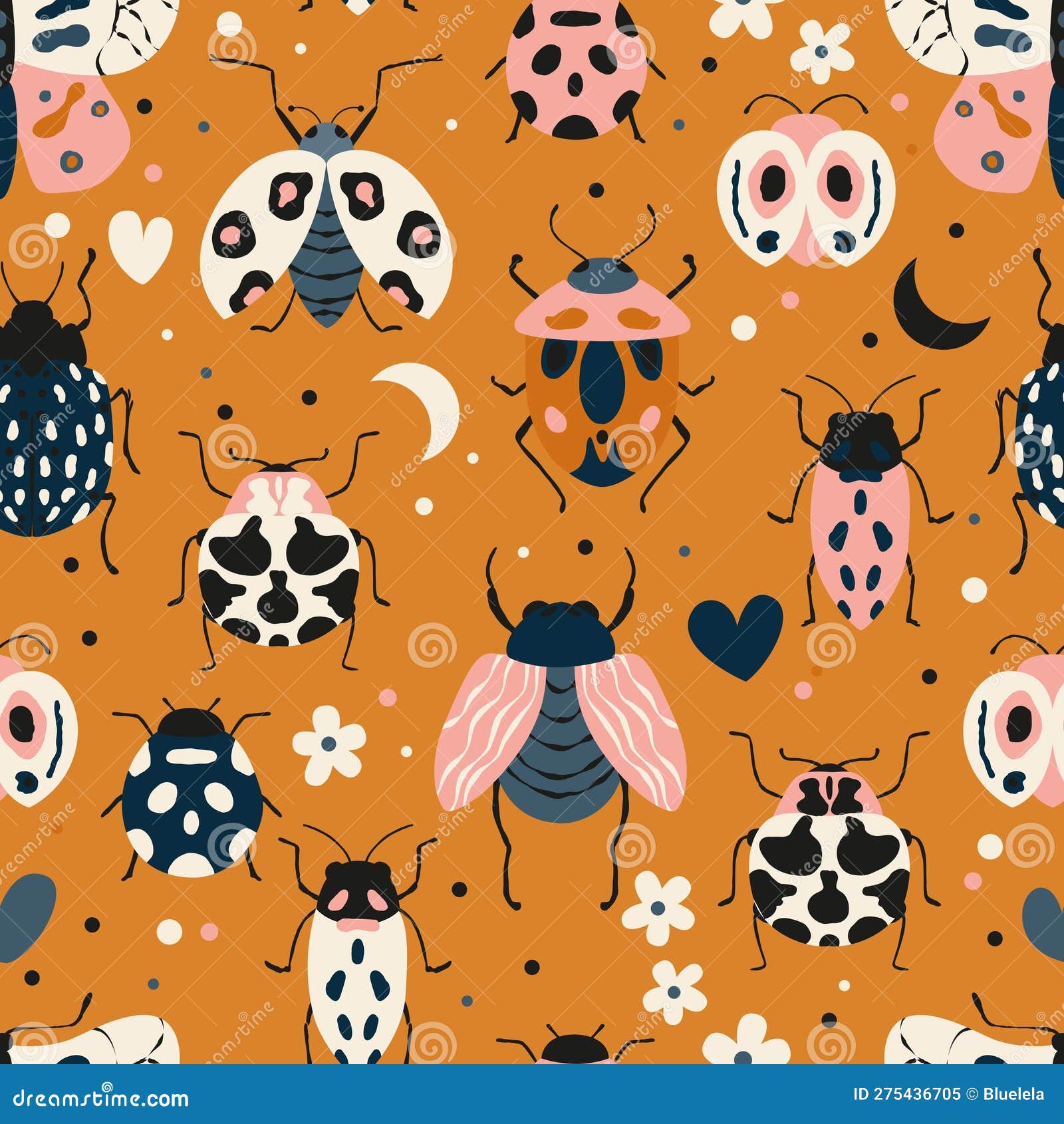 Seamless Pattern with Cute Bugs, Beetles, Moth and Insects, with Floral ...