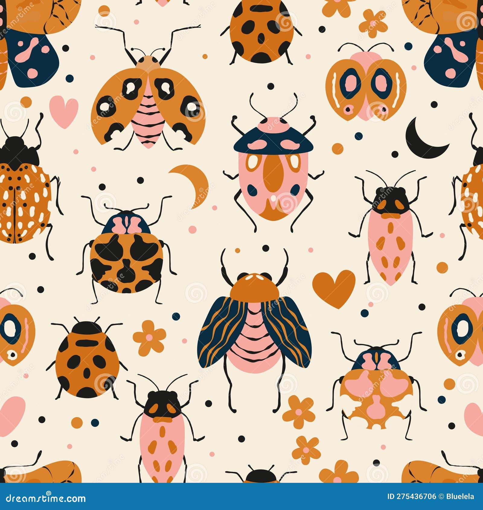 Seamless Pattern with Cute Bugs, Beetles, Moth and Insects, with Floral ...