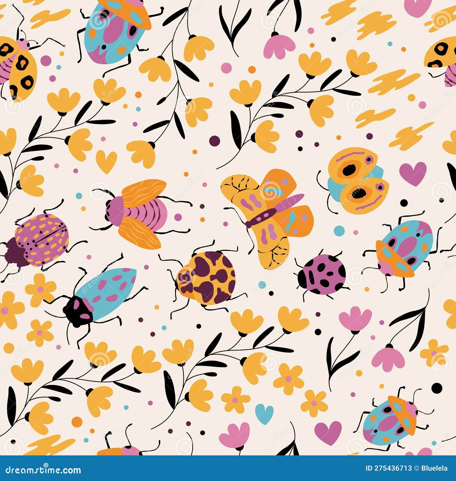 Seamless Pattern with Cute Bugs, Beetles, Moth and Insects, with Floral ...