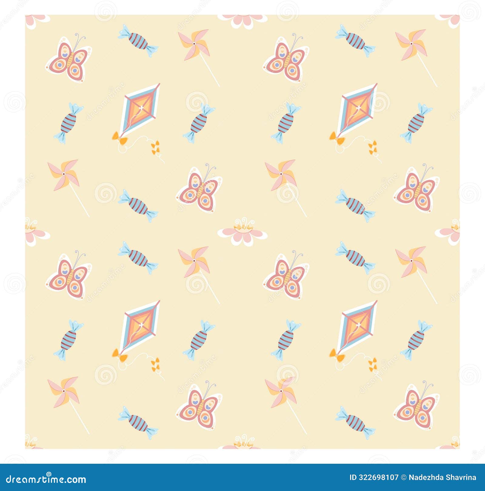 Seamless Pattern with Cute Butterfly, Candy, Flower. Vector ...
