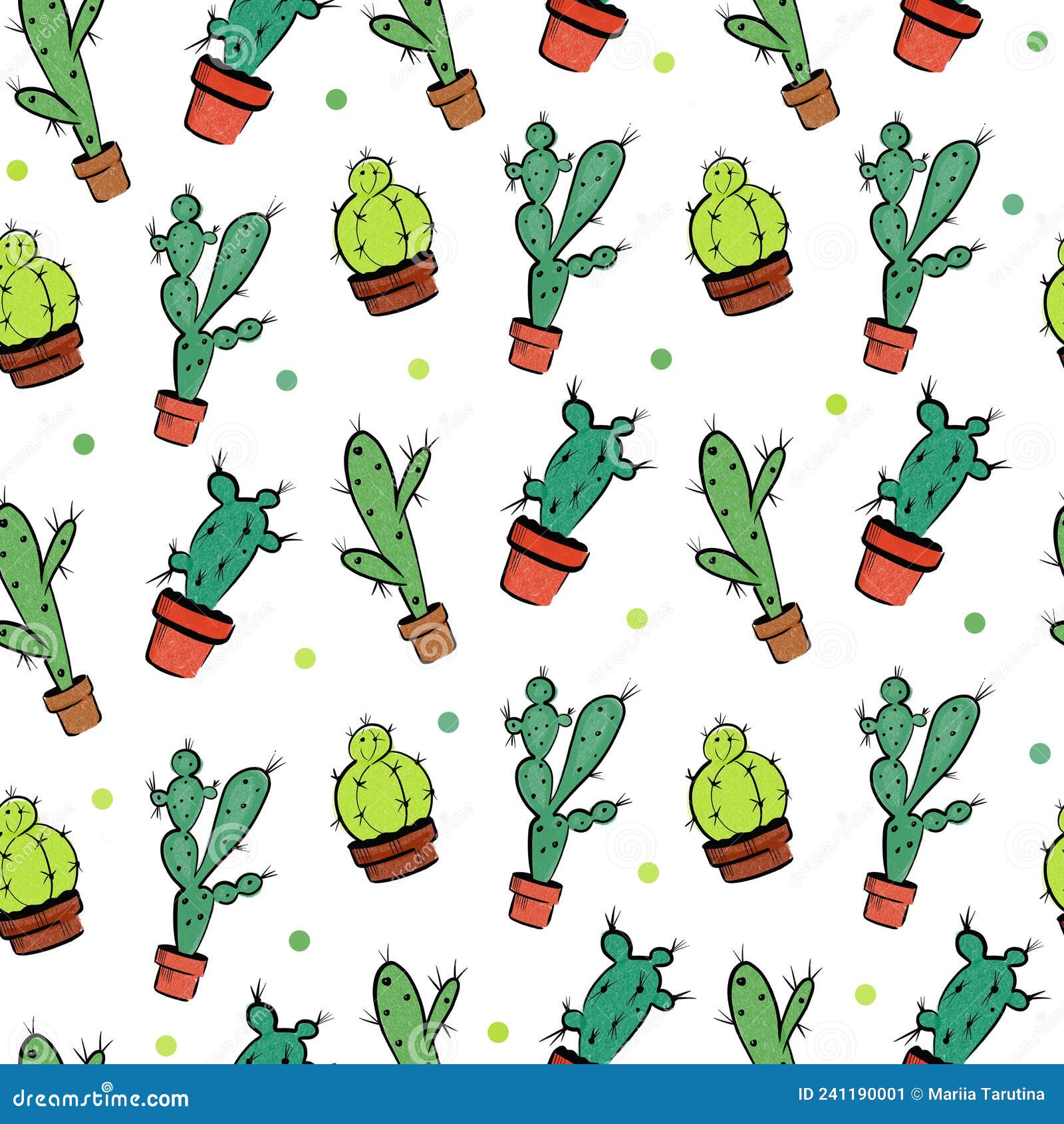 Seamless Pattern with Cute Cacti in Pots Stock Image - Image of pots ...