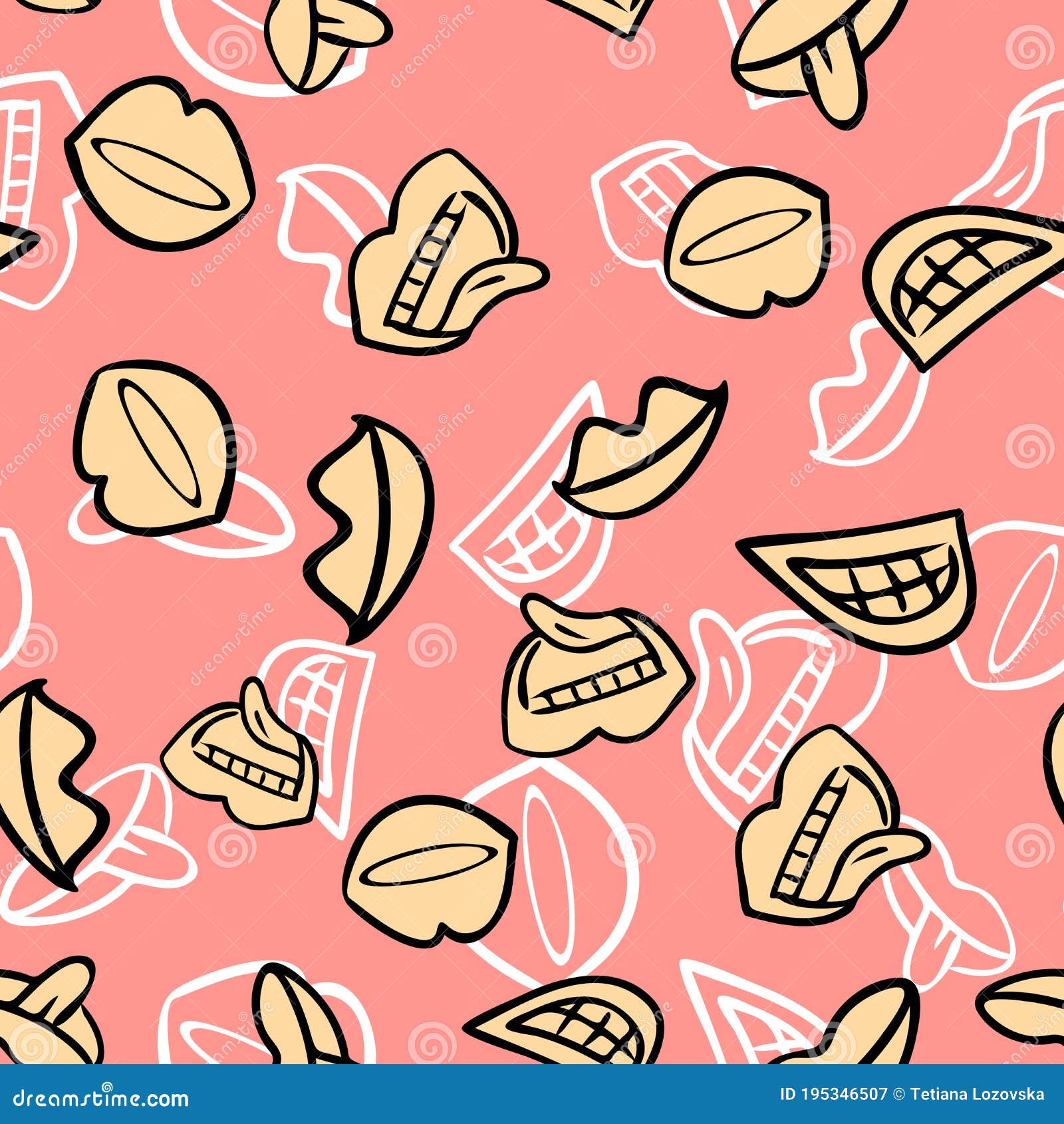 Seamless Pattern with Cute Cartoon Color Lips, Doodle Vector Drawing ...