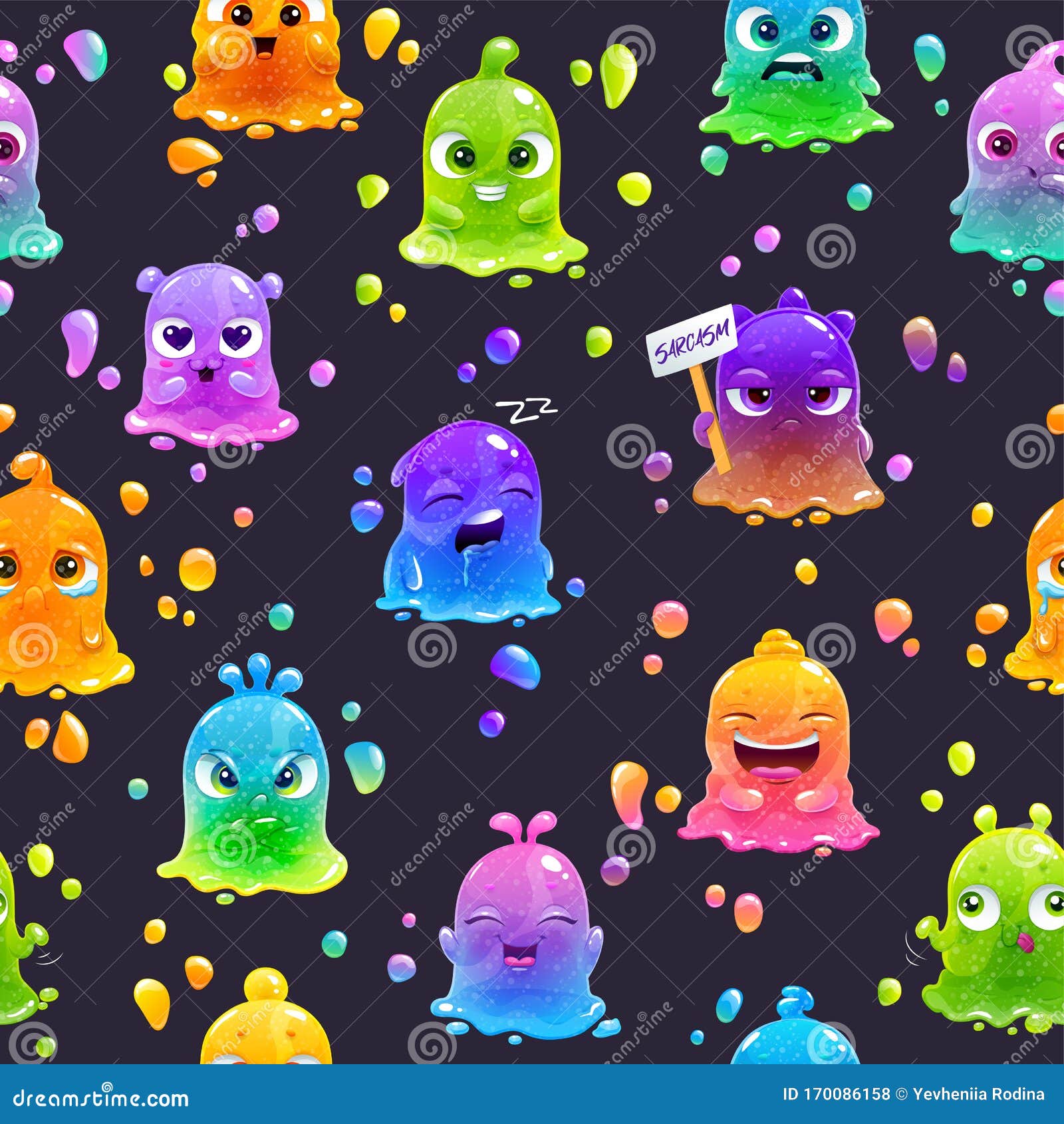 Seamless Pattern With Cute Cartoon Colorful Slimy Characters And Blobs Stock Vector