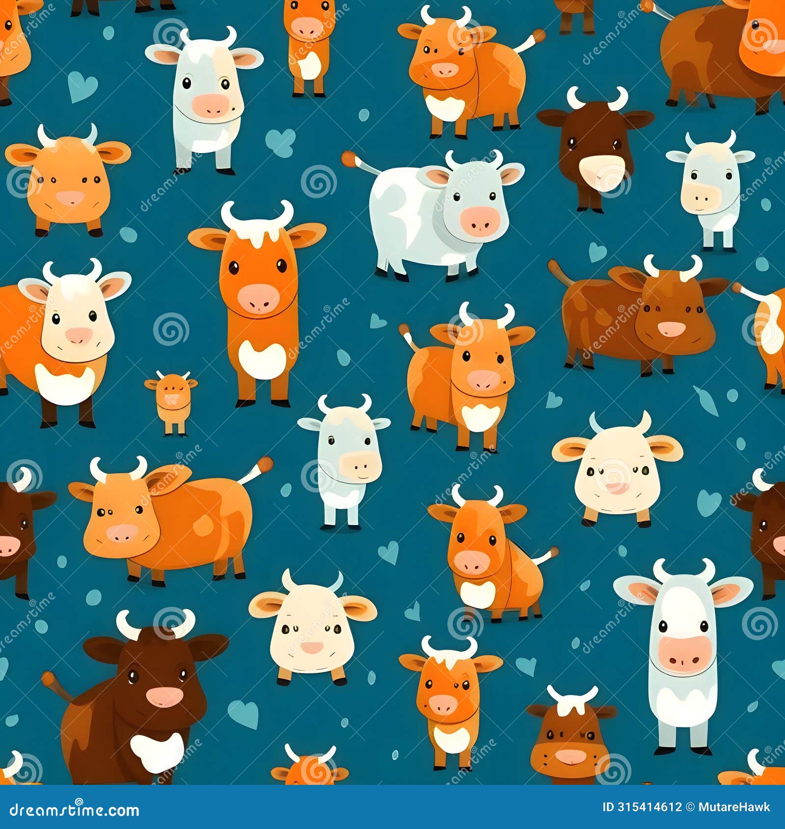 Seamless Pattern with Cute Cartoon Cows on Blue Background. Vector ...