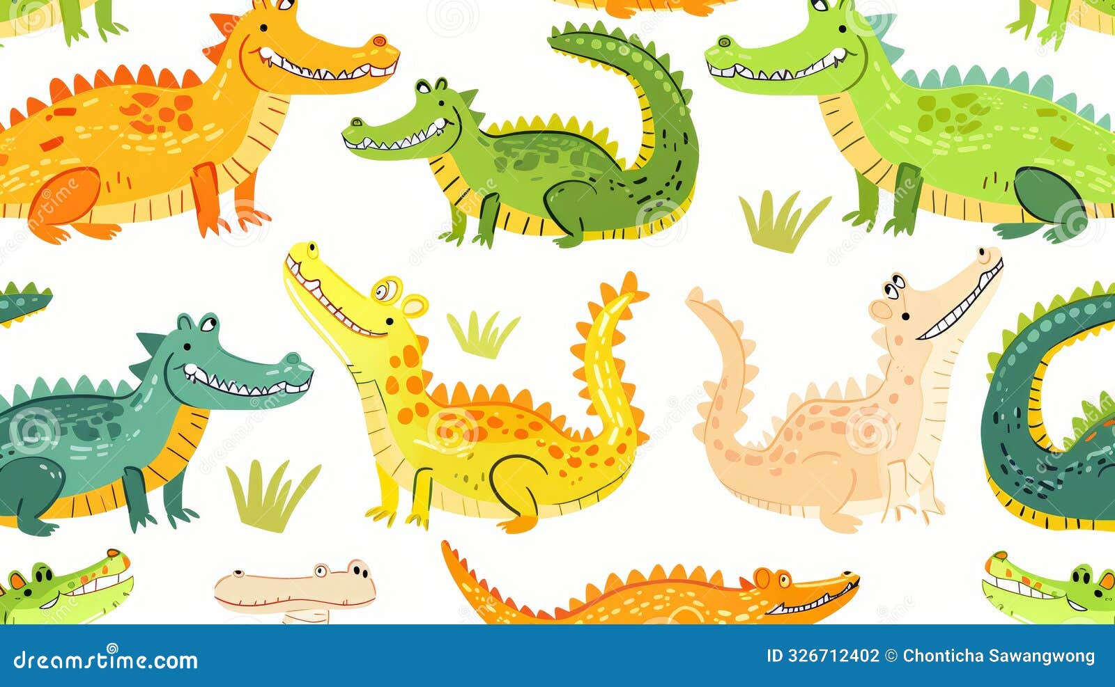 Seamless Pattern With Cute Cartoon Crocodiles In Various Colors And ...