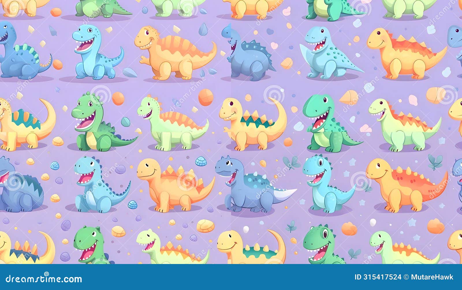 Seamless Pattern with Cute Cartoon Dinosaurs. Vector Illustration for ...