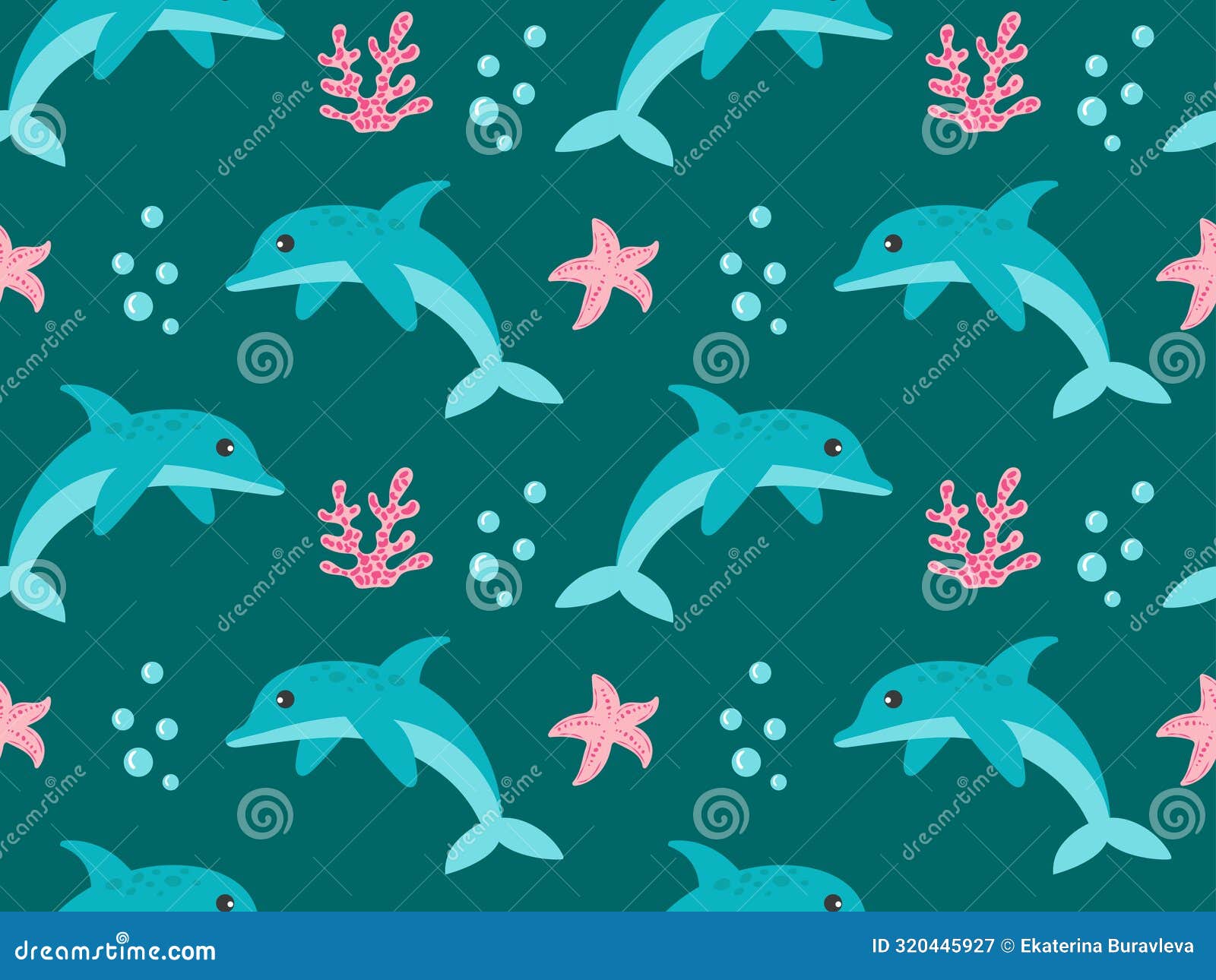 Seamless Pattern with Cute Cartoon Dolphins, Starfish on a Blue ...