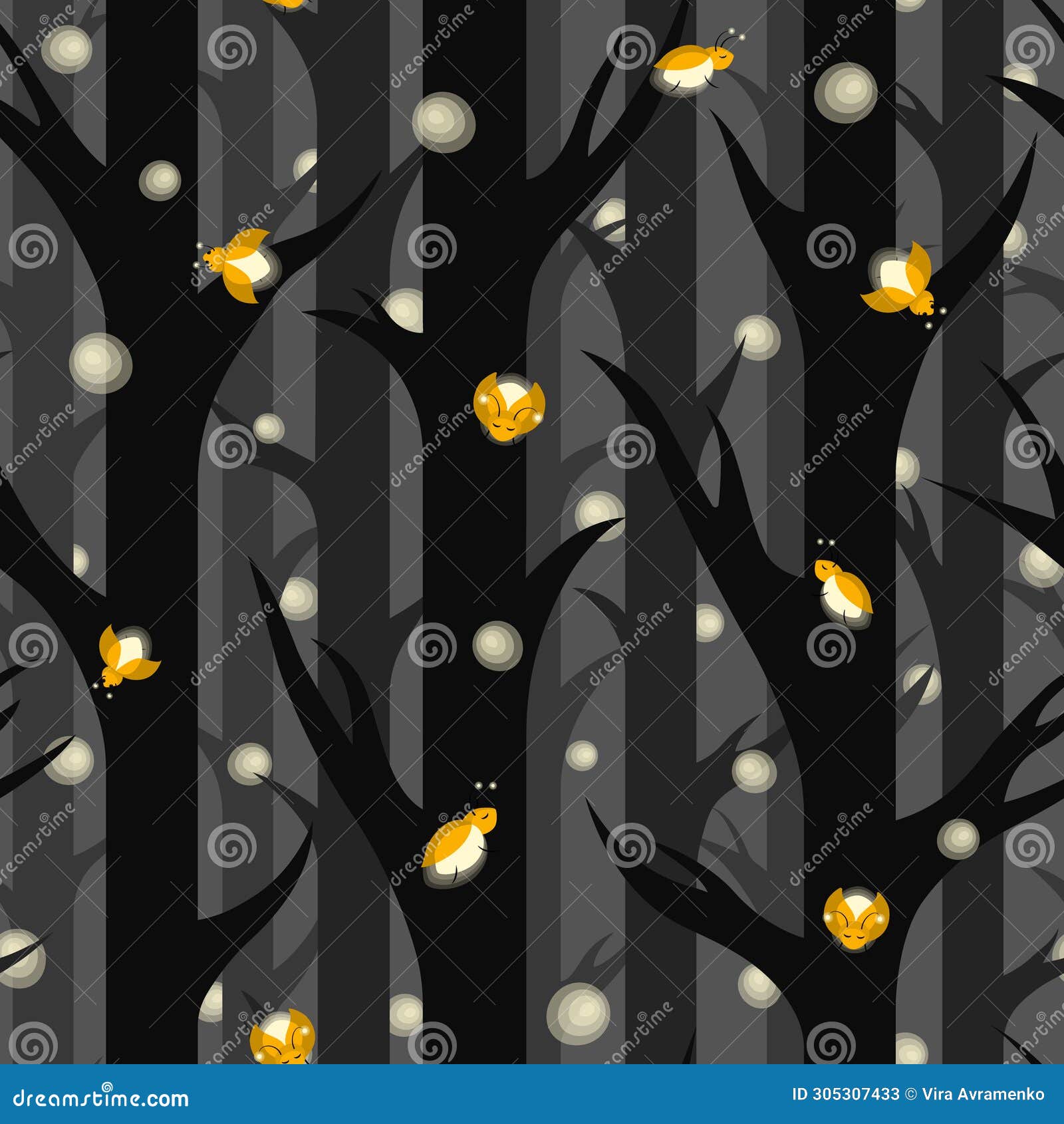 Seamless Pattern with Cute Cartoon Fireflies Flying among Trees in the ...