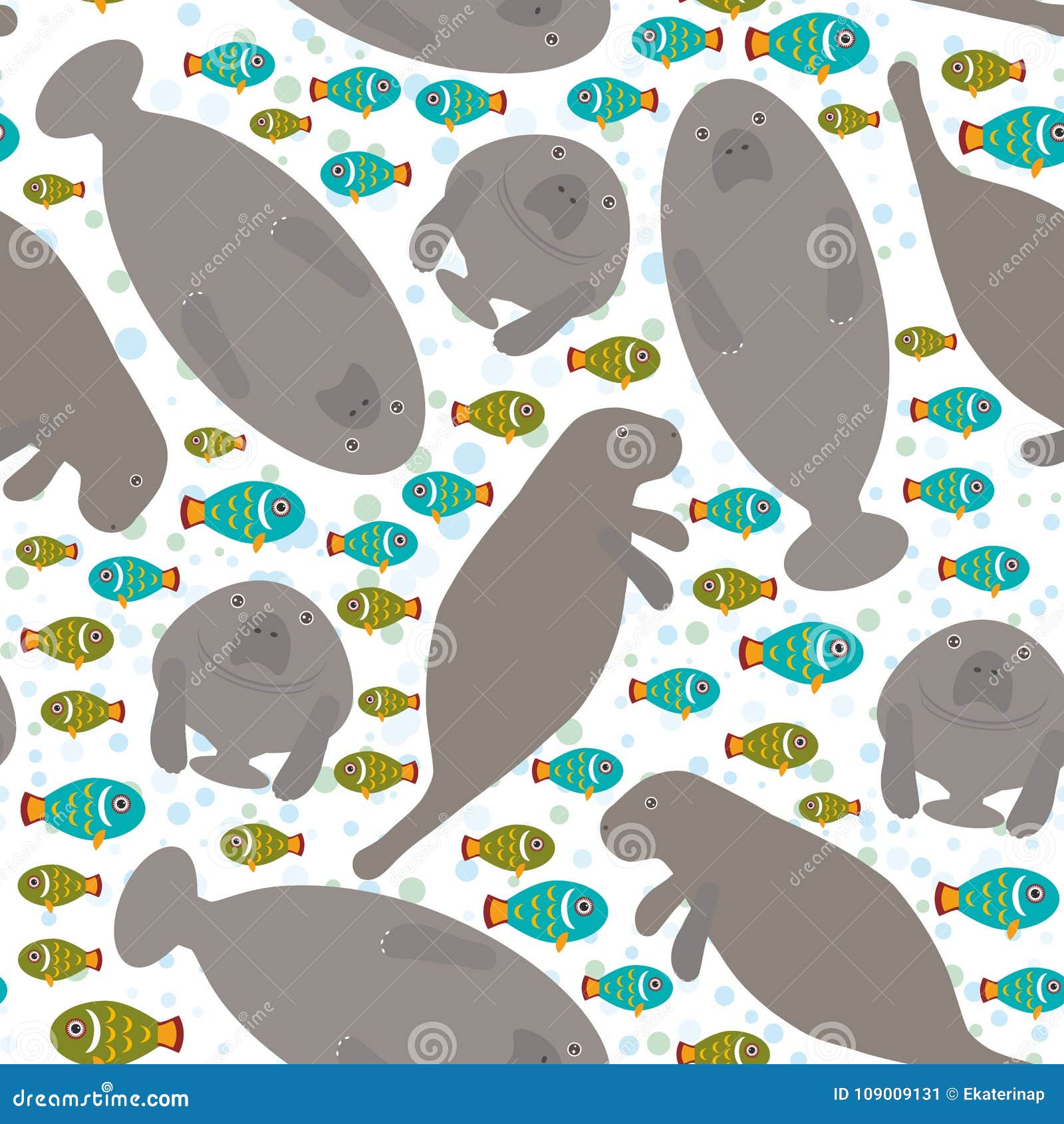 Seamless Pattern Cute Cartoon Manatee And Fish On White Background ...