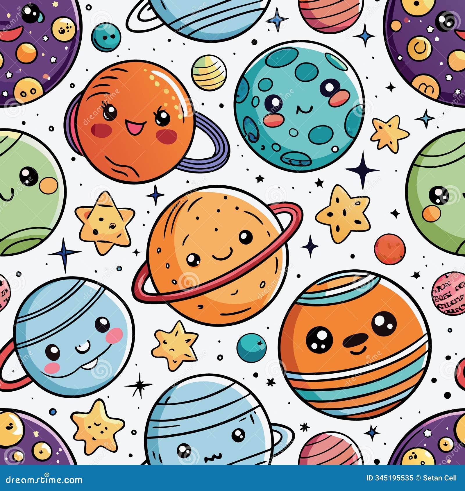Seamless Pattern of Cute Cartoon Planets with Smiling Faces on White ...