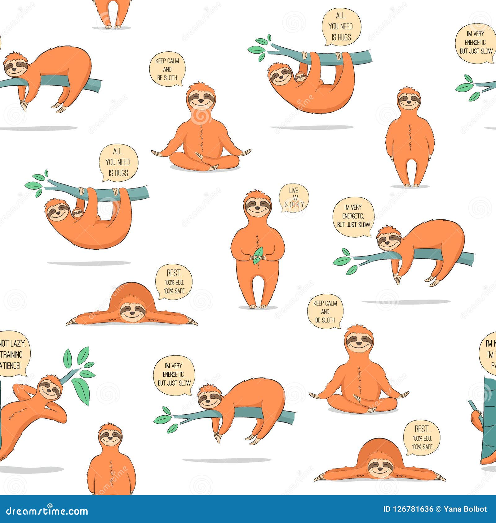 Pattern with Cute Cartoon Sloth Stock Vector - Illustration of bear ...