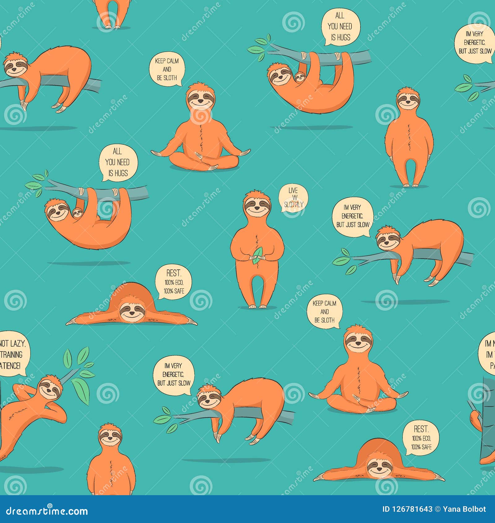 Pattern with Cute Cartoon Sloth Stock Vector - Illustration of bear ...