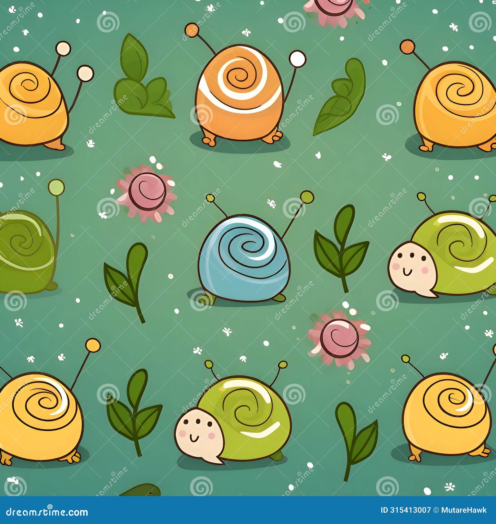 Seamless Pattern with Cute Cartoon Snails. Vector Illustration Stock ...