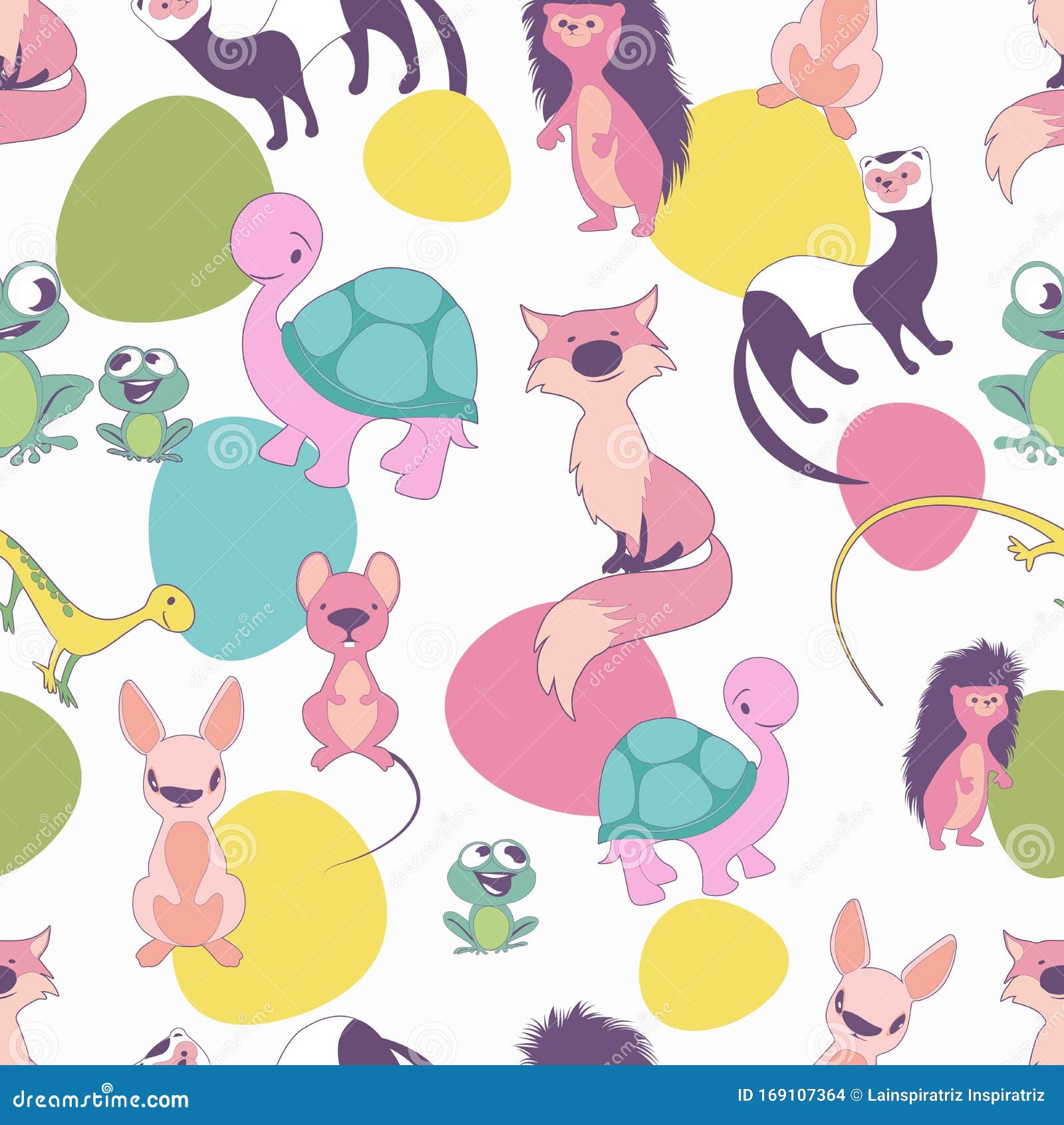Seamless Pattern of Cute Cartoon Style Animals on White Background ...