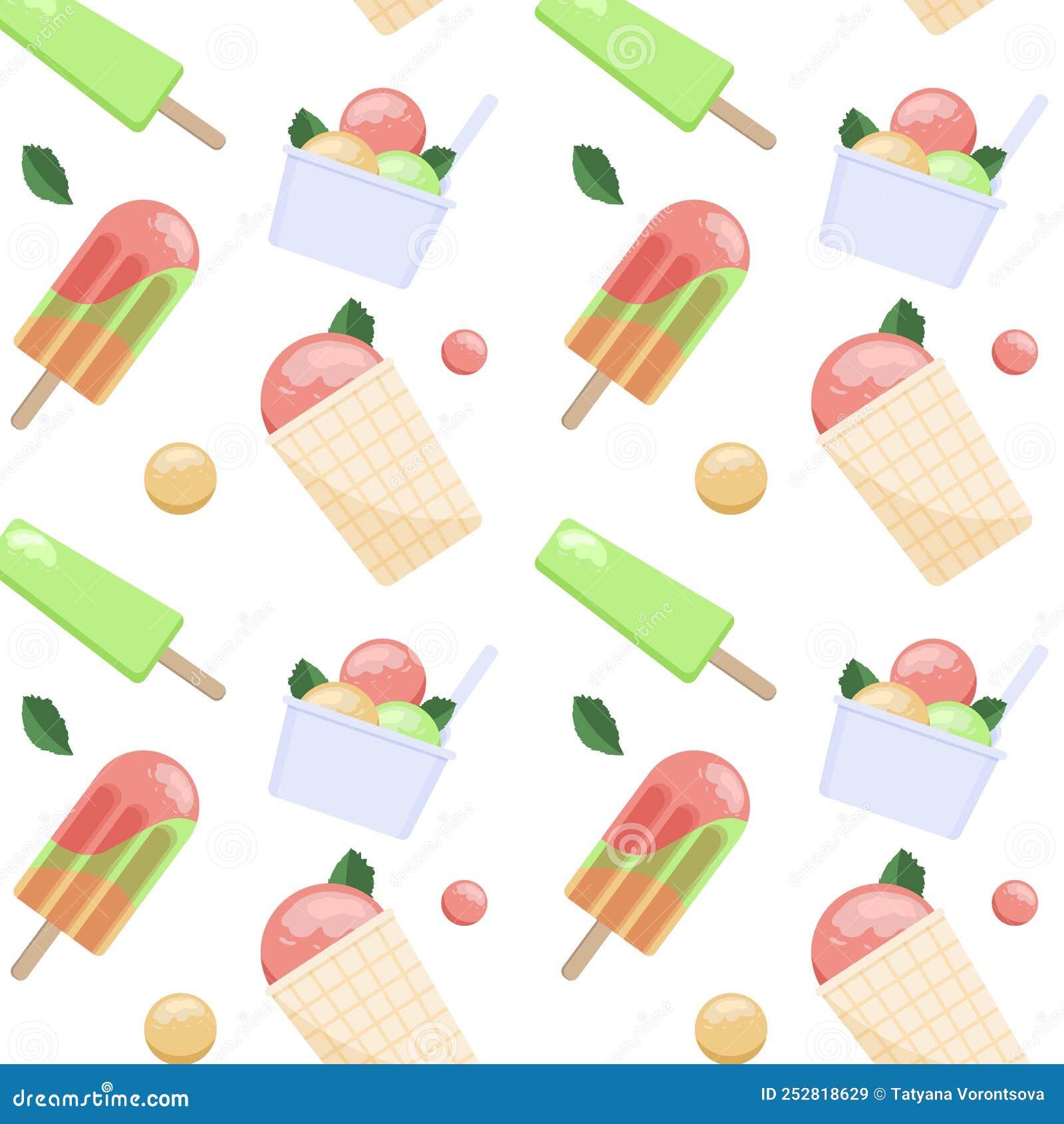 Seamless Pattern with Cute Cartoon Style Ice Cream. White Background ...