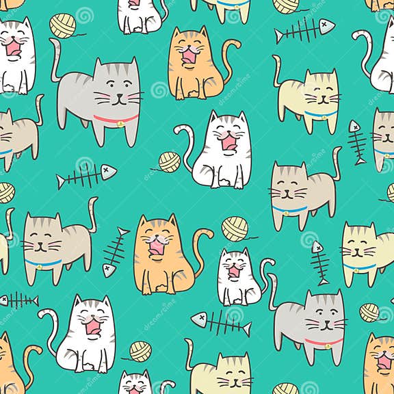 Seamless Pattern Cute Cat Cartoon with Hand Drawn Style Stock Vector ...
