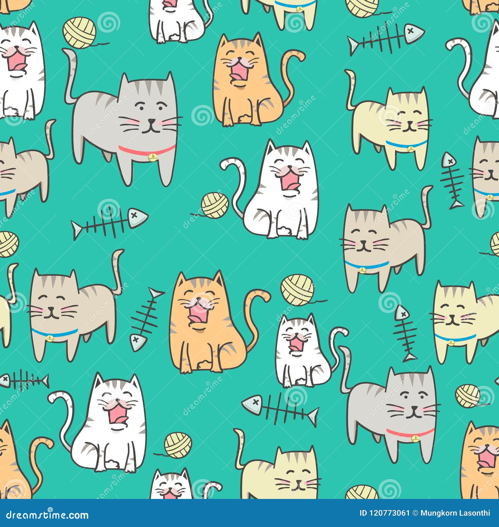 Seamless Pattern Cute Cat Cartoon with Hand Drawn Style Stock Vector ...
