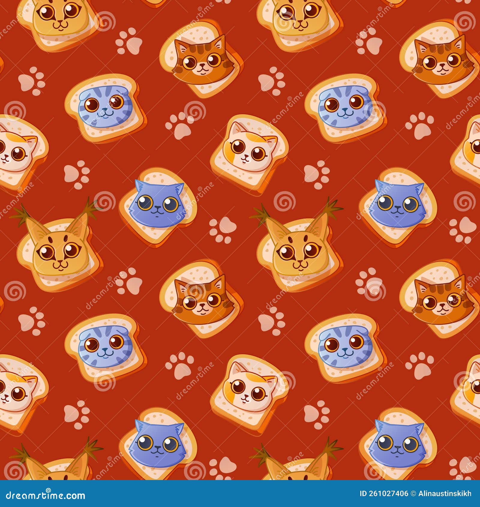 Seamless Pattern of Cute Cat Face in Bread Stock Vector - Illustration ...